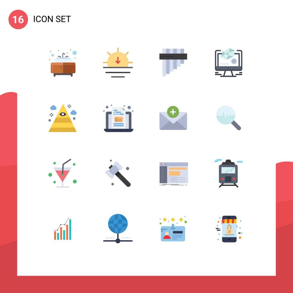 Editable Vector Line Pack Of 16 Simple Flat Colors Of Triangle Illuminati Instrument Eye