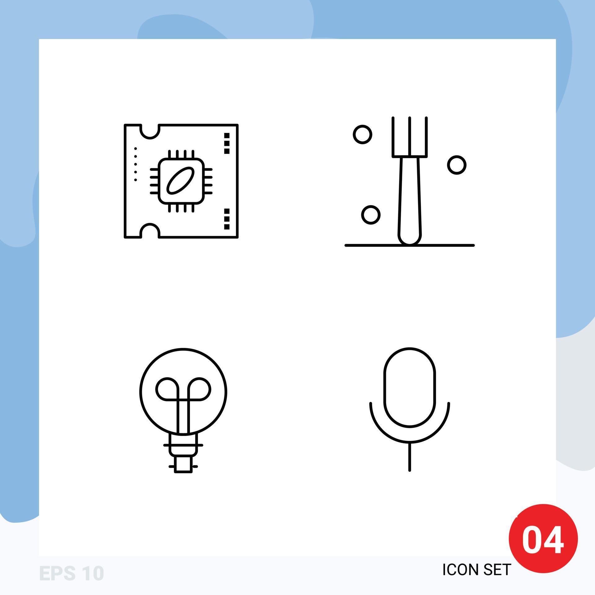 Set Of 4 Modern Ui Icons Symbols Signs For Cpu Design Processor Chip Tableware Microphone