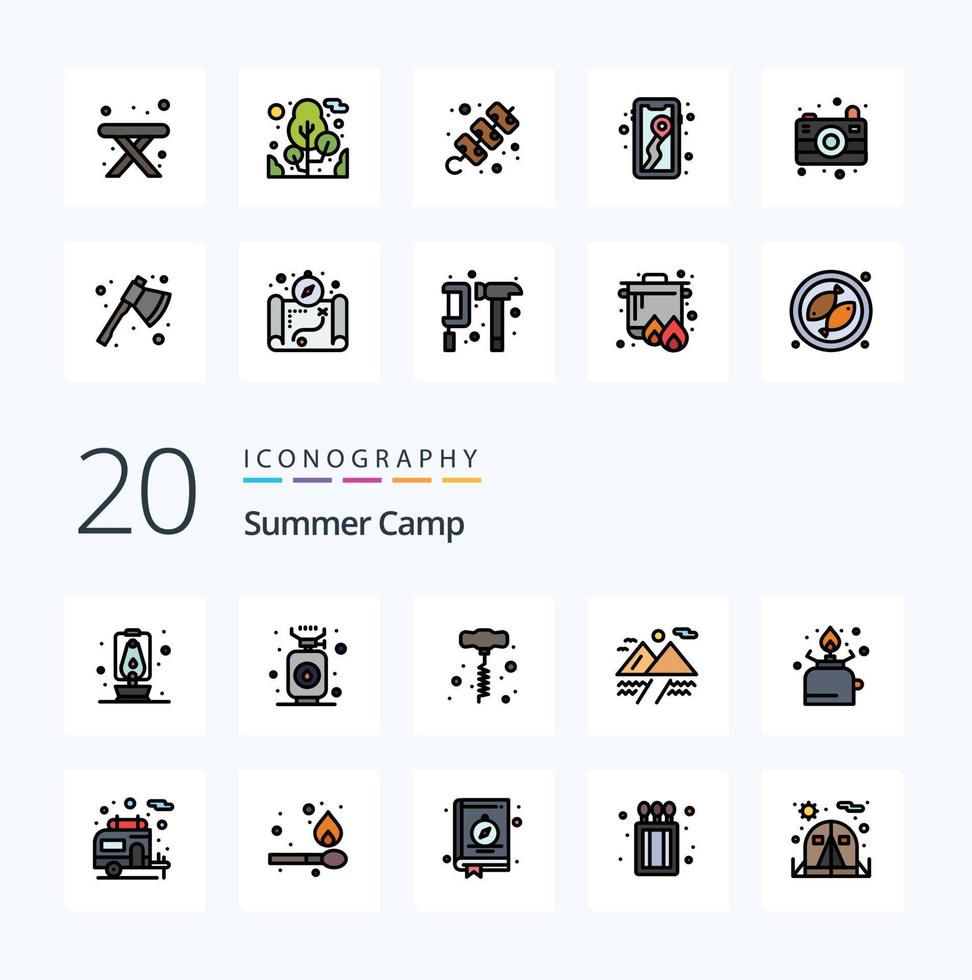 20 Summer Camp Line Filled Color Icon Pack Like Picnic Gas Hand Drill