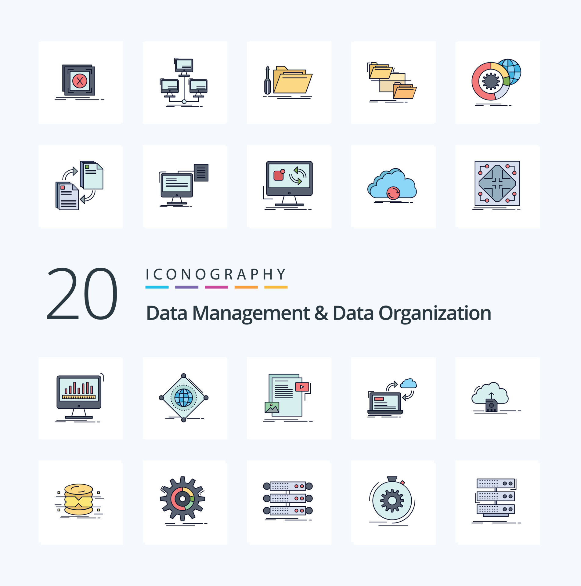 20 Data Management And Data Organization Line Filled Color Icon Pack Like Data Sync Of Website