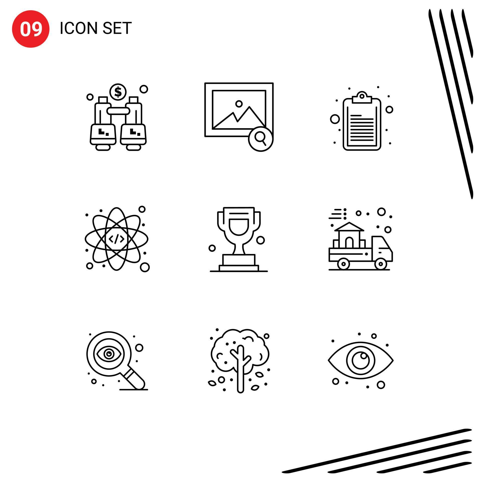 Set Of 9 Commercial Outlines Pack For Delivery Trophy Clipboard Cup Coding Editable Vector