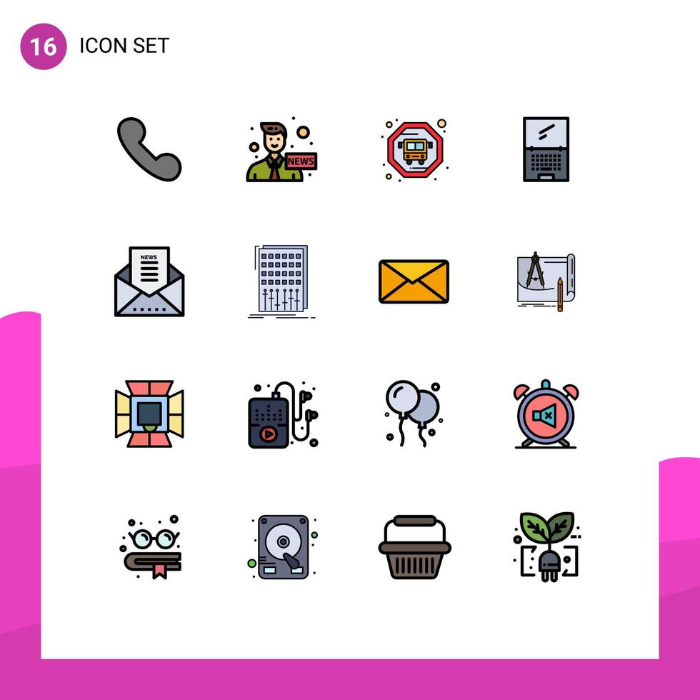 Mobile Interface Flat Color Filled Line Set of 16 Pictograms of newsletter email document public ...
