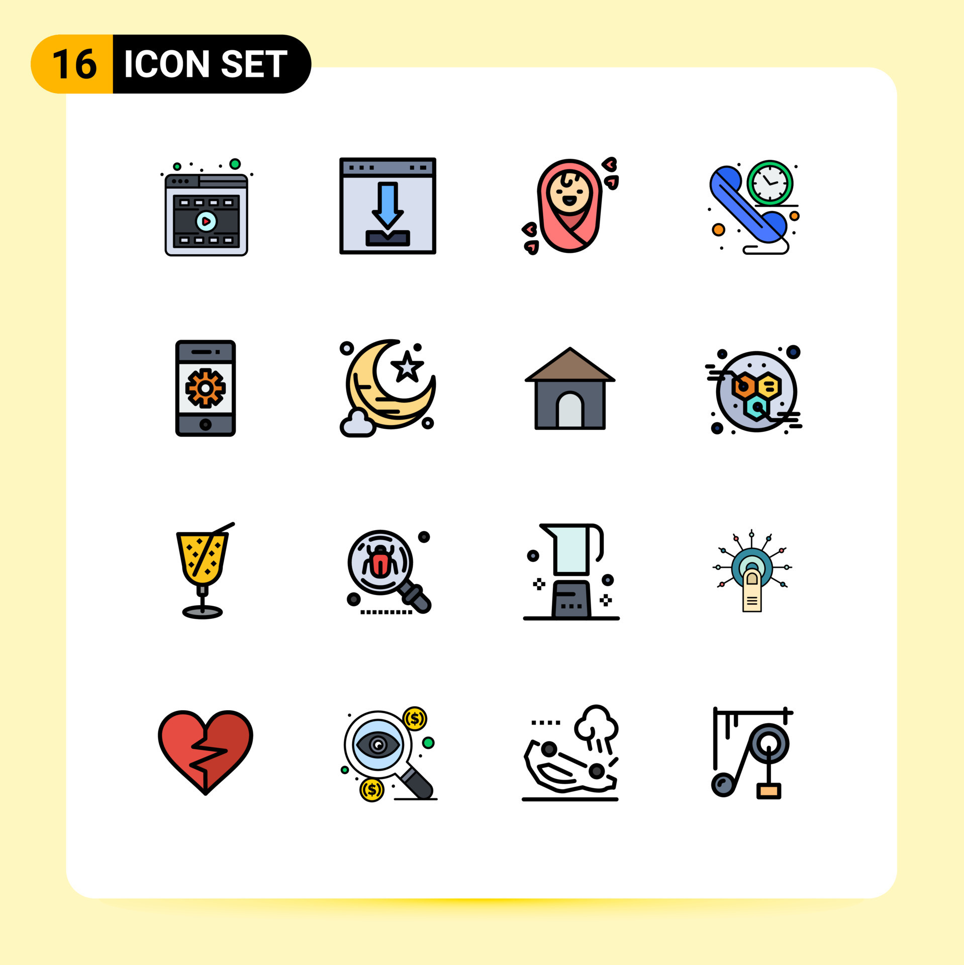 Set Of 16 Vector Flat Color Filled Lines On Grid For Communications