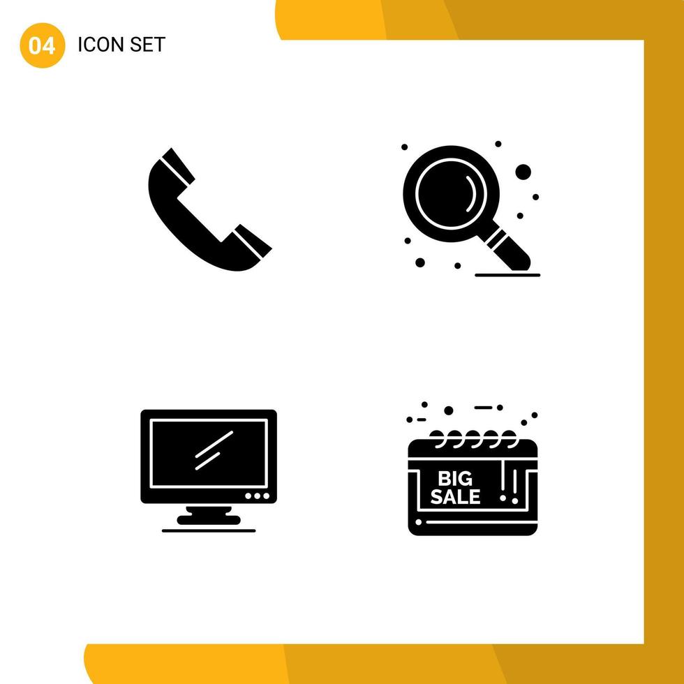 Mobile Interface Solid Glyph Set of 4 Pictograms of call device telephone zoom pc Editable ...