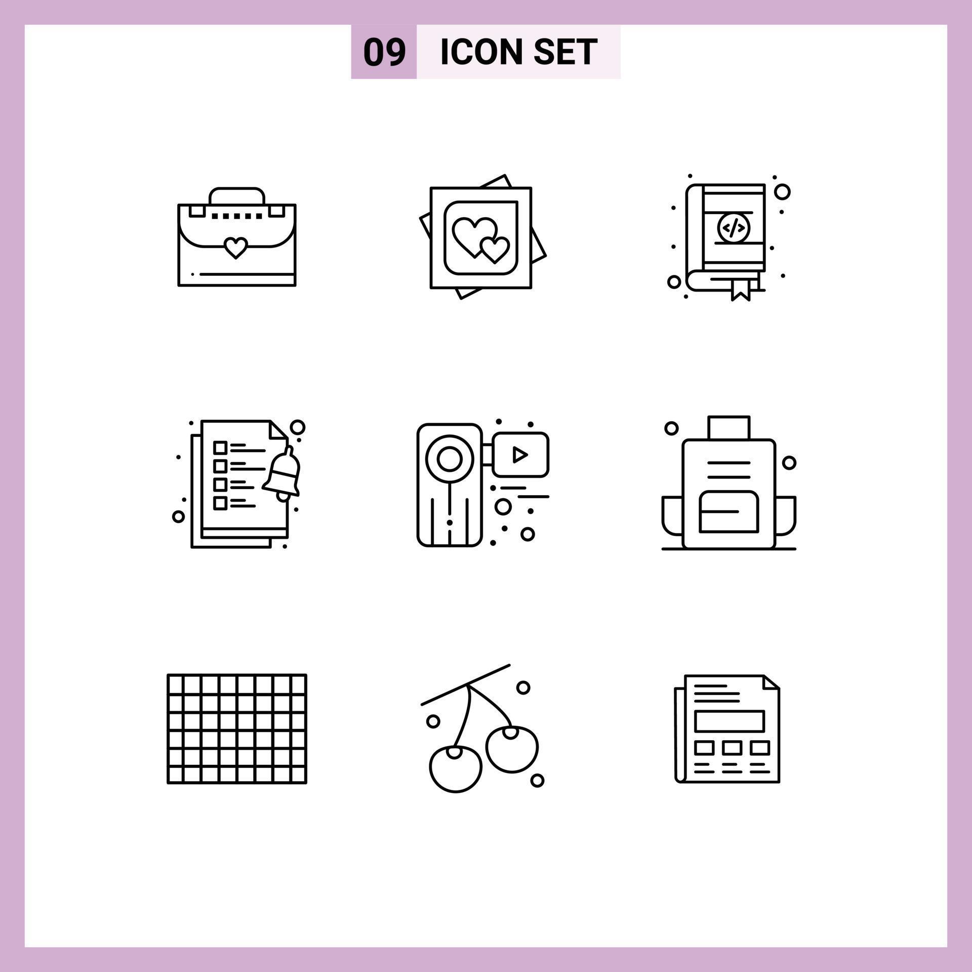 Set Of 9 Commercial Outlines Pack For Movie Tasks Book Clipboard Coding Editable Vector Design