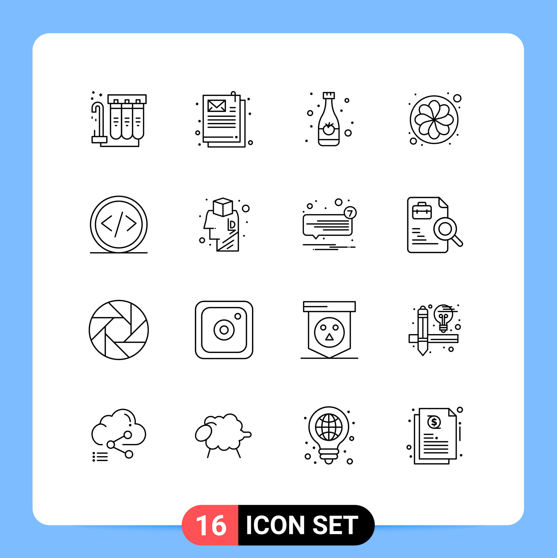 Set Of 16 Vector Outlines On Grid For Development Code Bottle Sunflower Nature Editable Vector