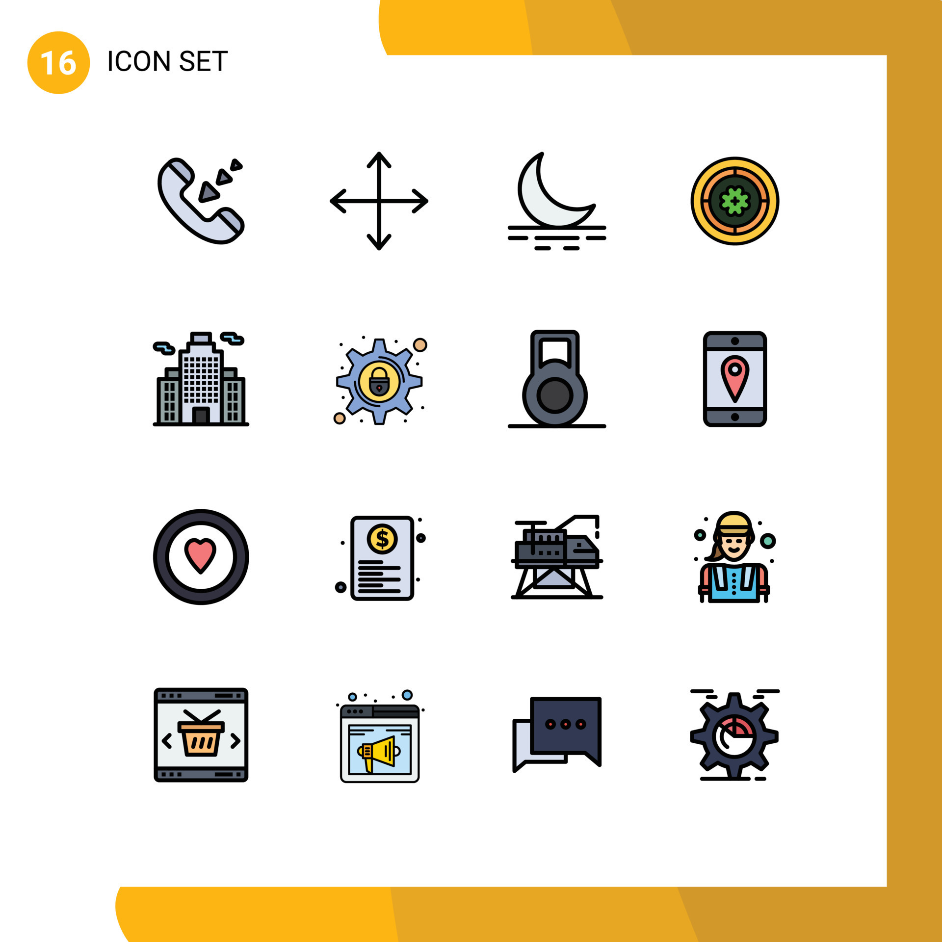 User Interface Pack Of 16 Basic Flat Color Filled Lines Of Office Building Fog Sunflower Spring