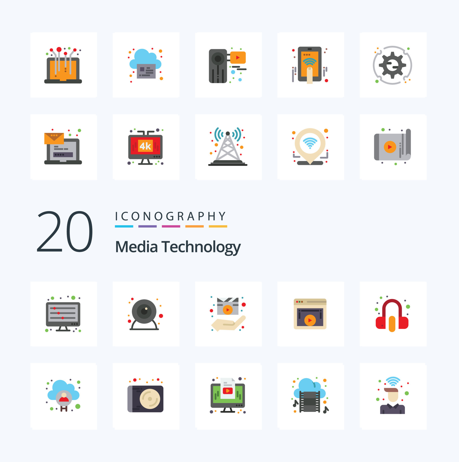 paquete de iconos de color plano de tecnología de 20 medios como la página del reproductor de ...