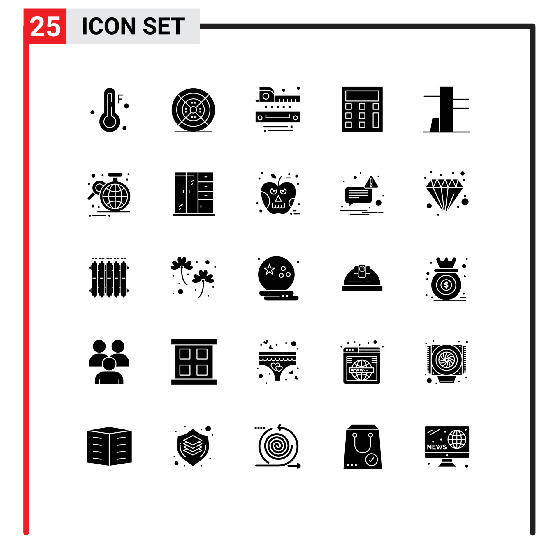 Modern Set of 25 Solid Glyphs Pictograph of data analysis measuring tools and utensils ...