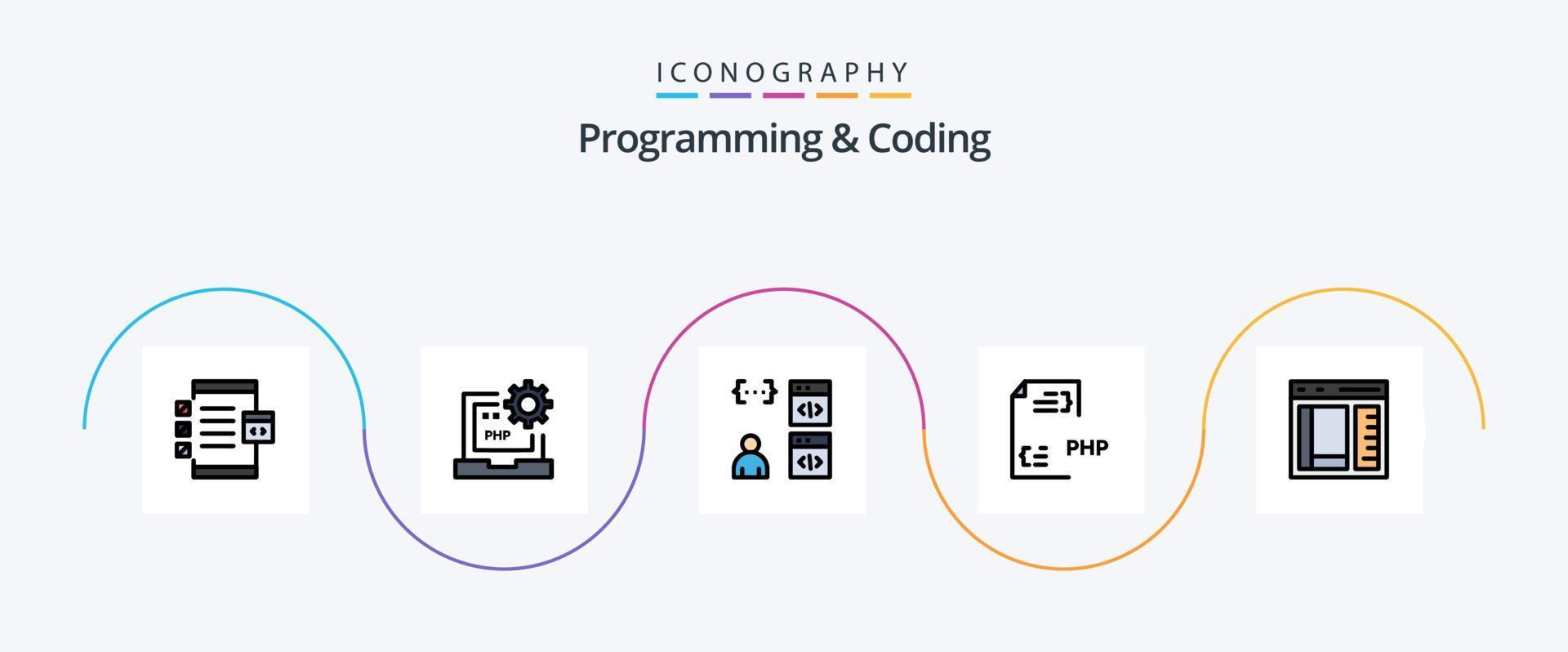 Programming And Coding Line Filled Flat 5 Icon Pack Including Development Coding Development