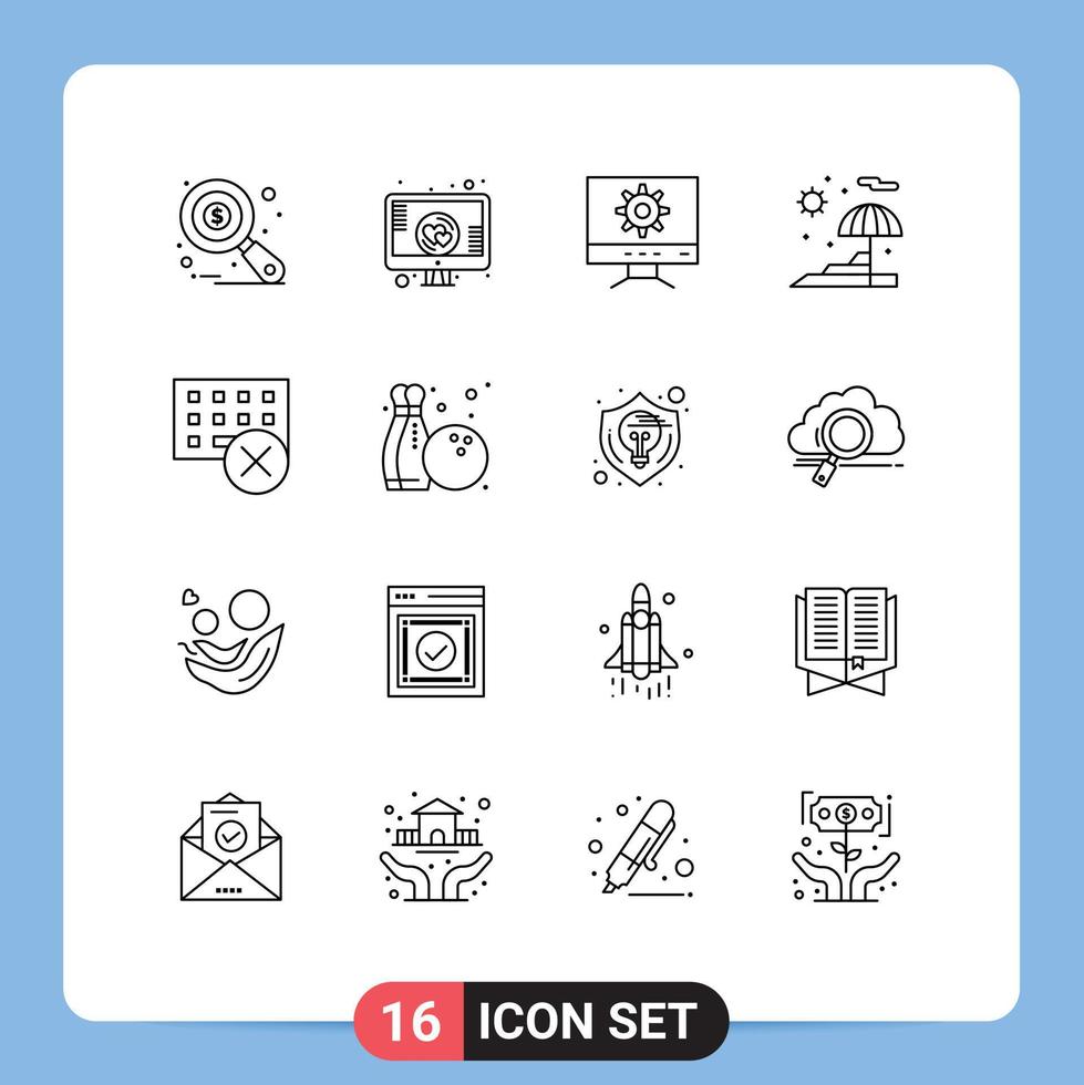 Set of 16 Modern UI Icons Symbols Signs for hardware devices computer computers umbrella ...