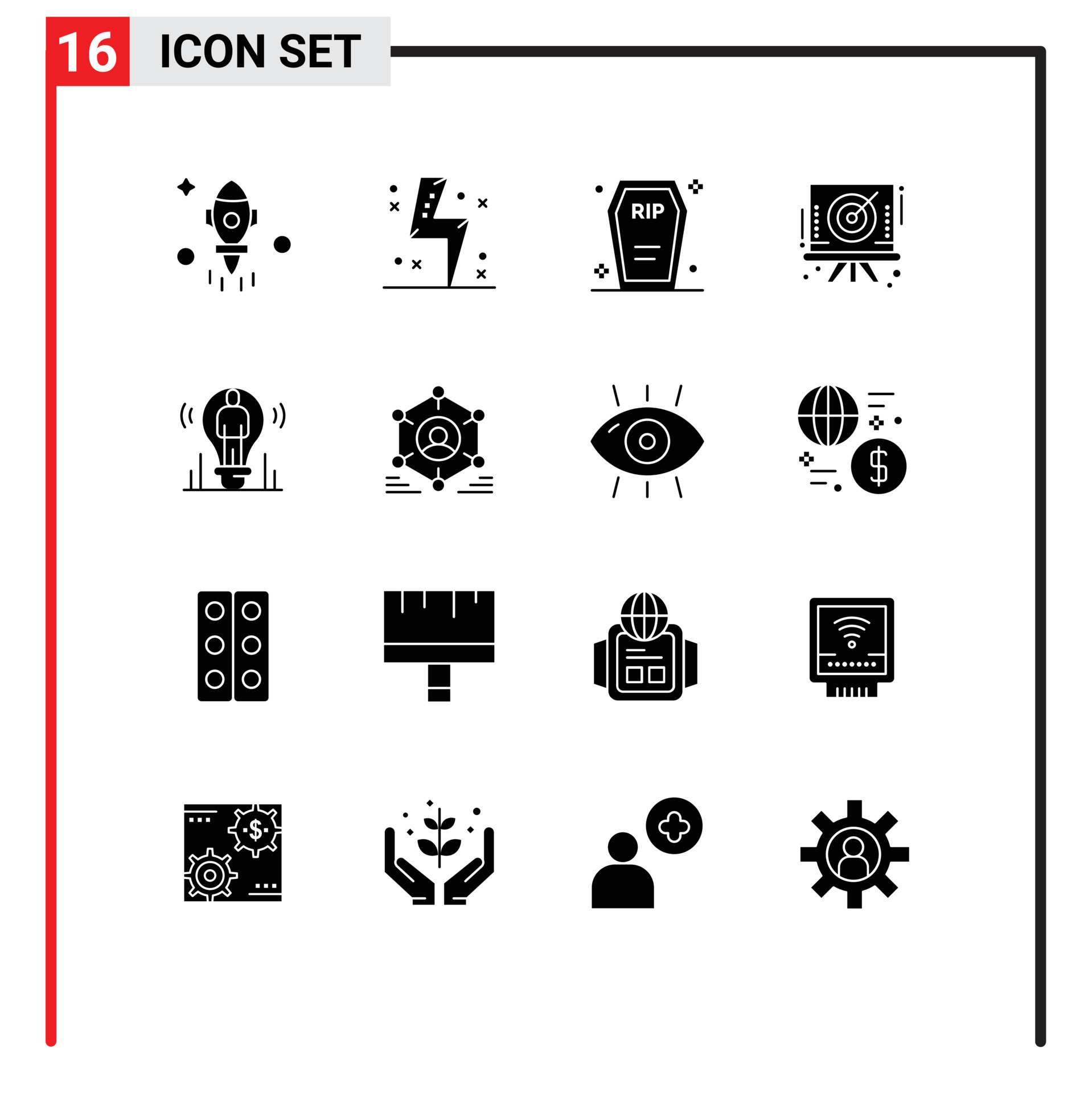 16 Universal Solid Glyphs Set For Web And Mobile Applications Target Board Power Arrow Funeral
