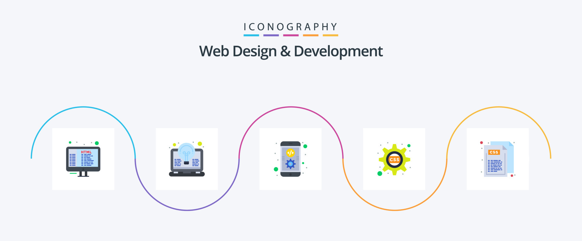Web Design And Development Flat 5 Icon Pack Including Code Css Light