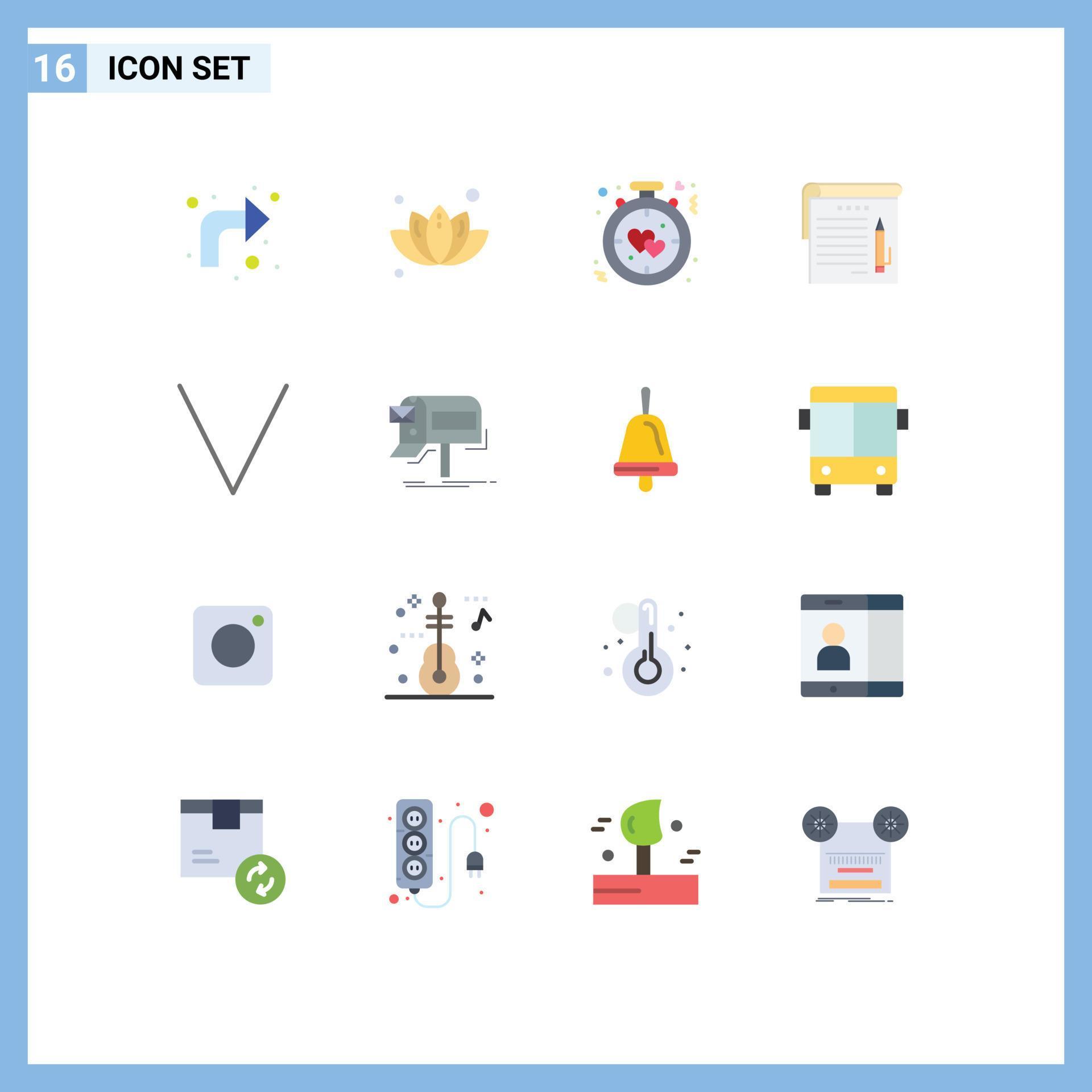 16 Thematic Vector Flat Colors And Editable Symbols Of Arrow Note Clock Notes Romance Editable