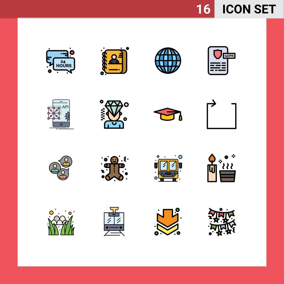 16 Universal Flat Color Filled Lines Set For Web And Mobile Applications Coding Api Globe