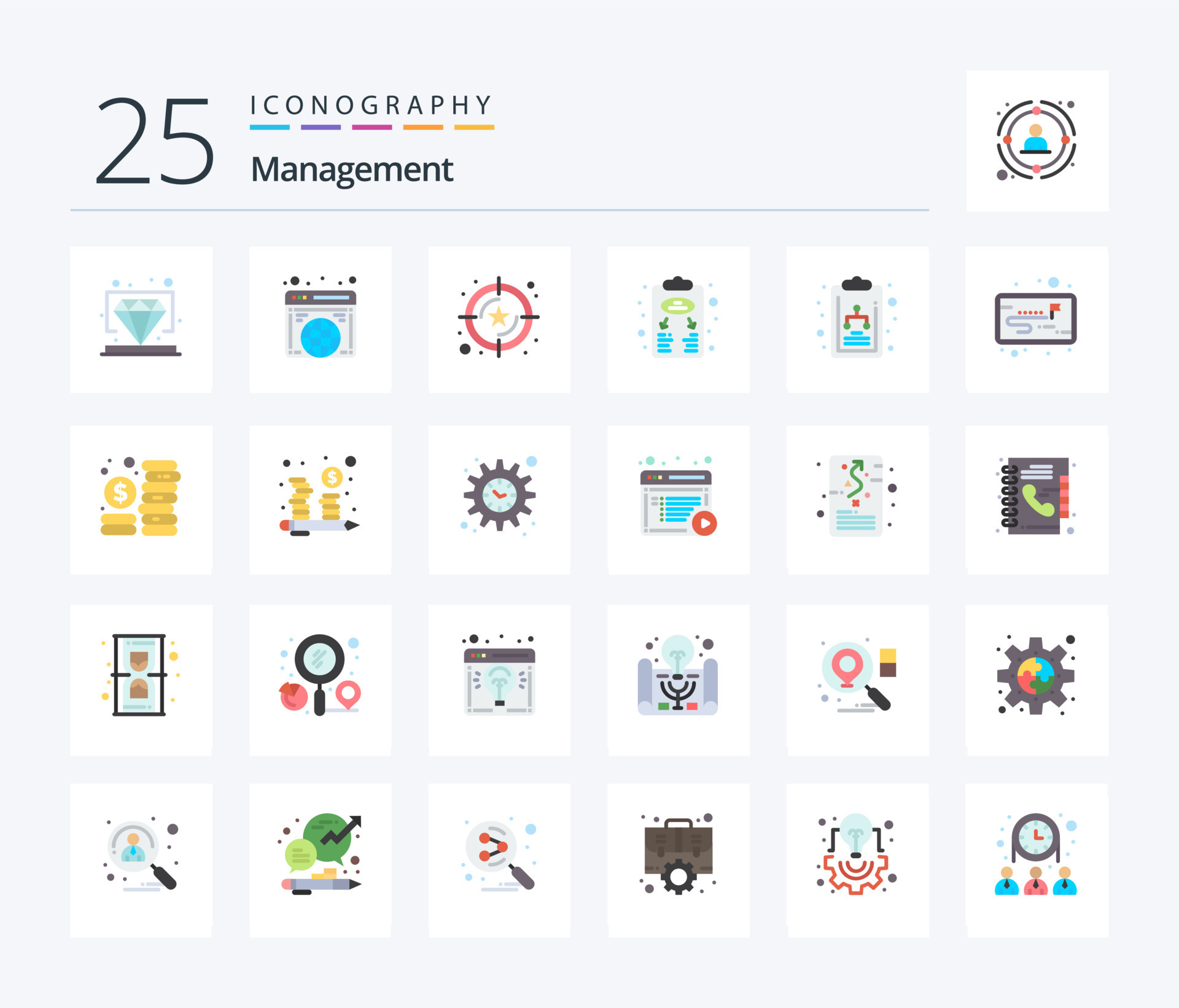 Management 25 Flat Color icon pack including chart. planning. rating ...