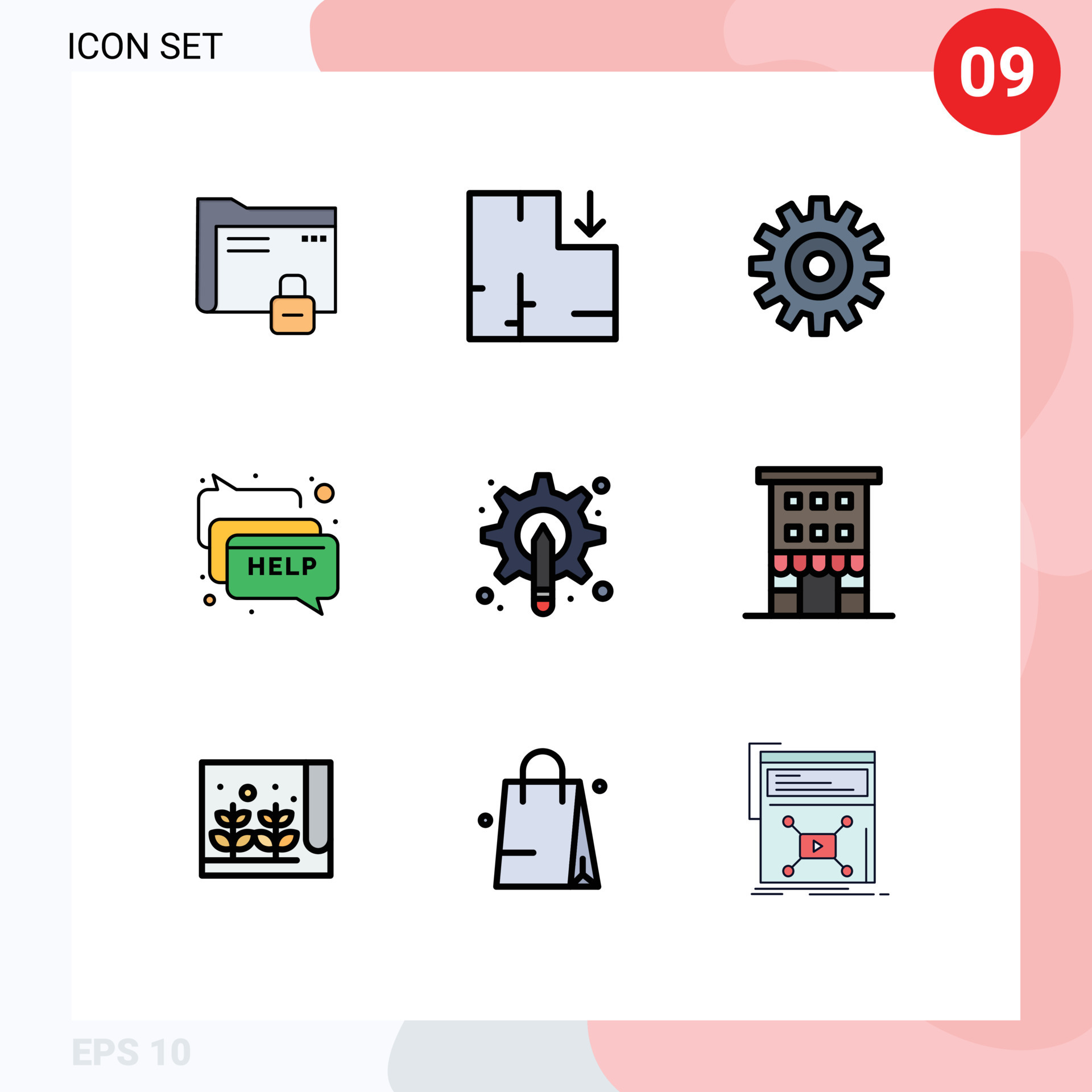 Set Of 9 Vector Filledline Flat Colors On Grid For Graphic Message Gear Help Chat Editable