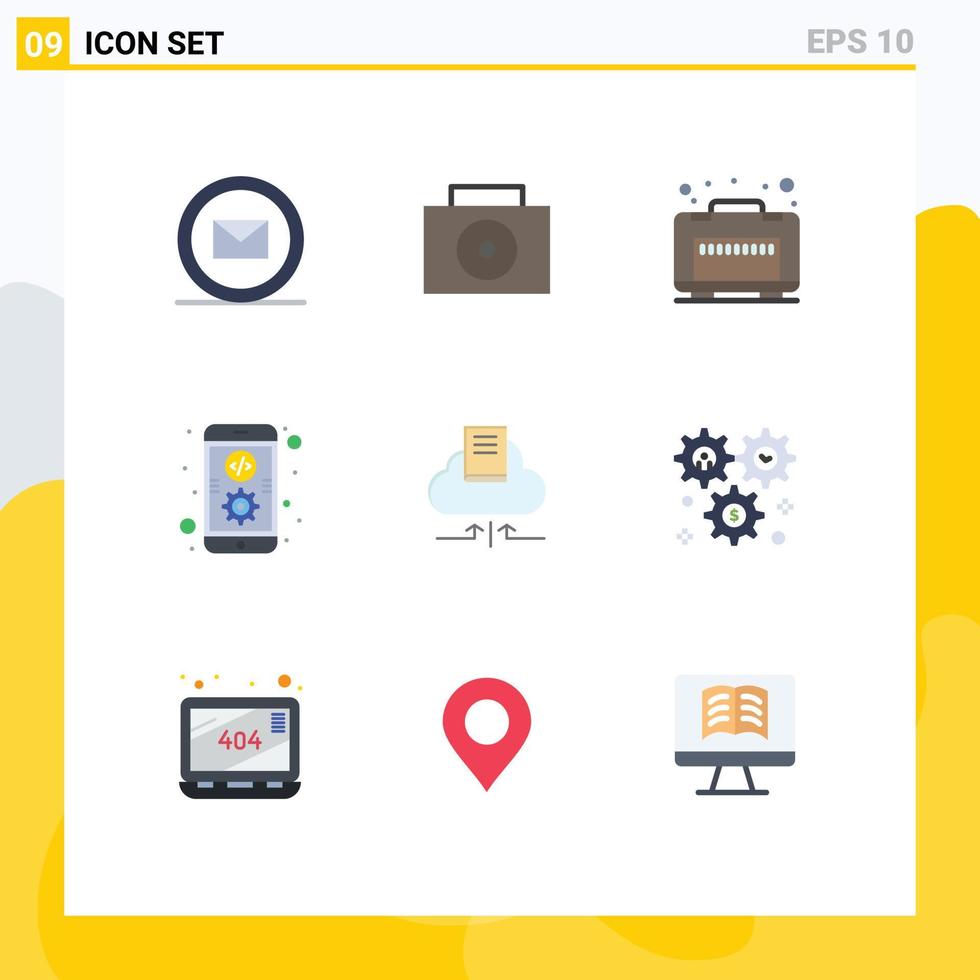Mobile Interface Flat Color Set Of 9 Pictograms Of Cog Book Travel Arrow Mobile Editable Vector