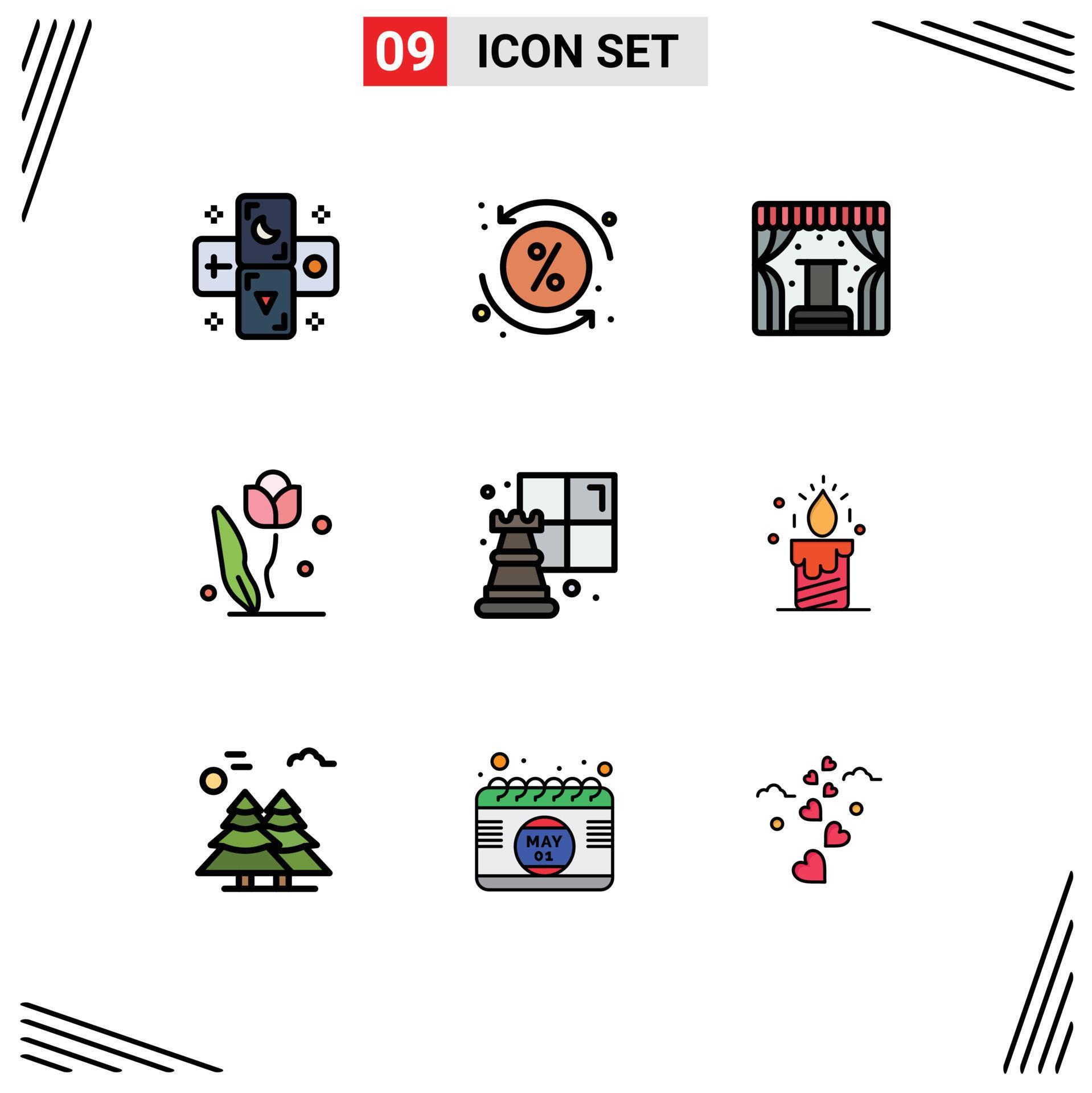 Set Of 9 Vector Filledline Flat Colors On Grid For Chess Nature Concert Flower Flora Editable