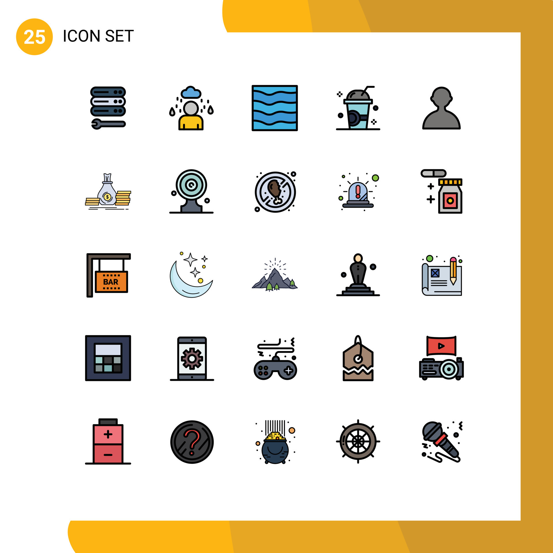 Universal Icon Symbols Group of 25 Modern Filled line Flat Colors of avatar milkshake river ice ...