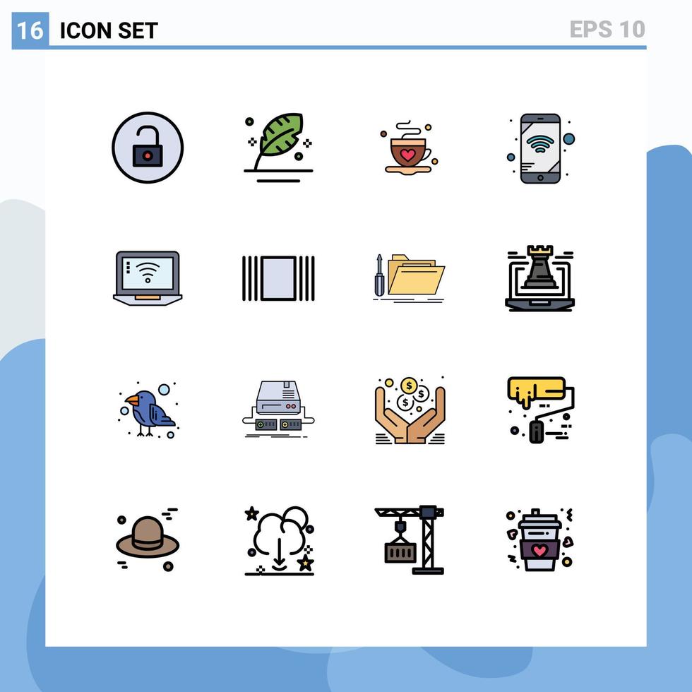 Pack Of 16 Creative Flat Color Filled Lines Of Computer Wifi Scripture Network Love Editable