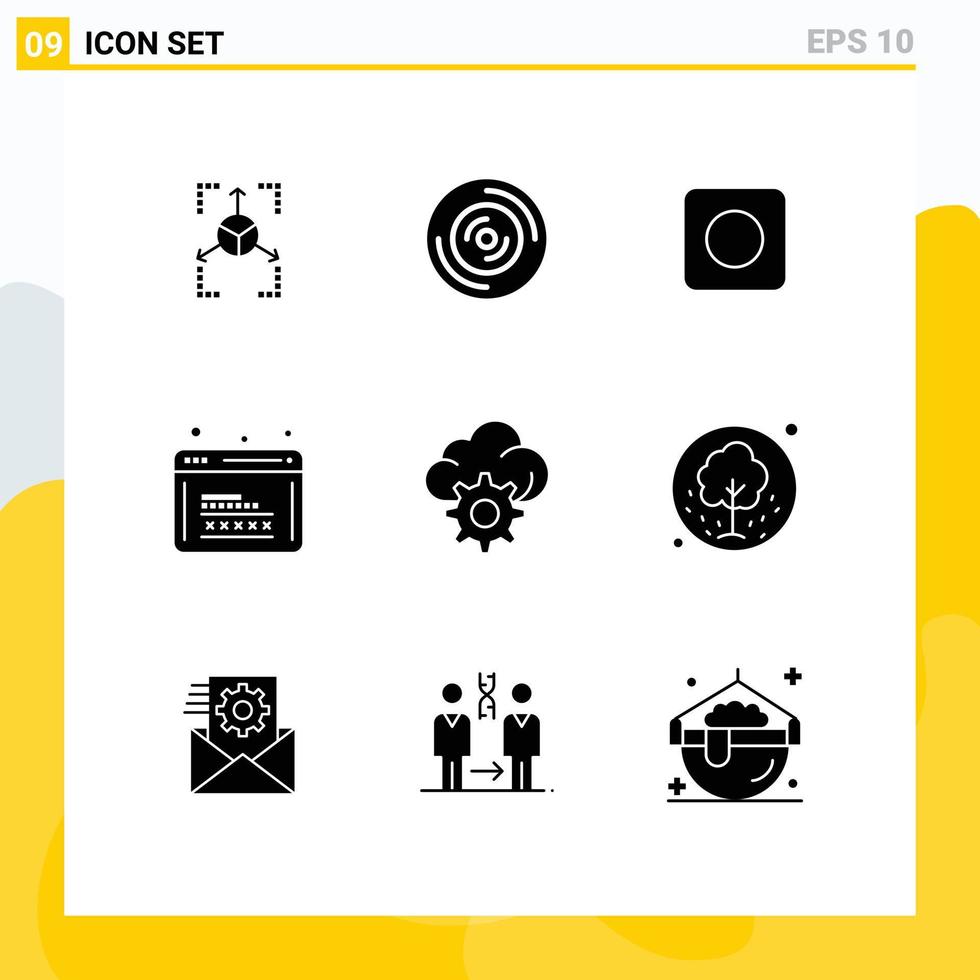 Mobile Interface Solid Glyph Set of 9 Pictograms of gear web security app web development ...