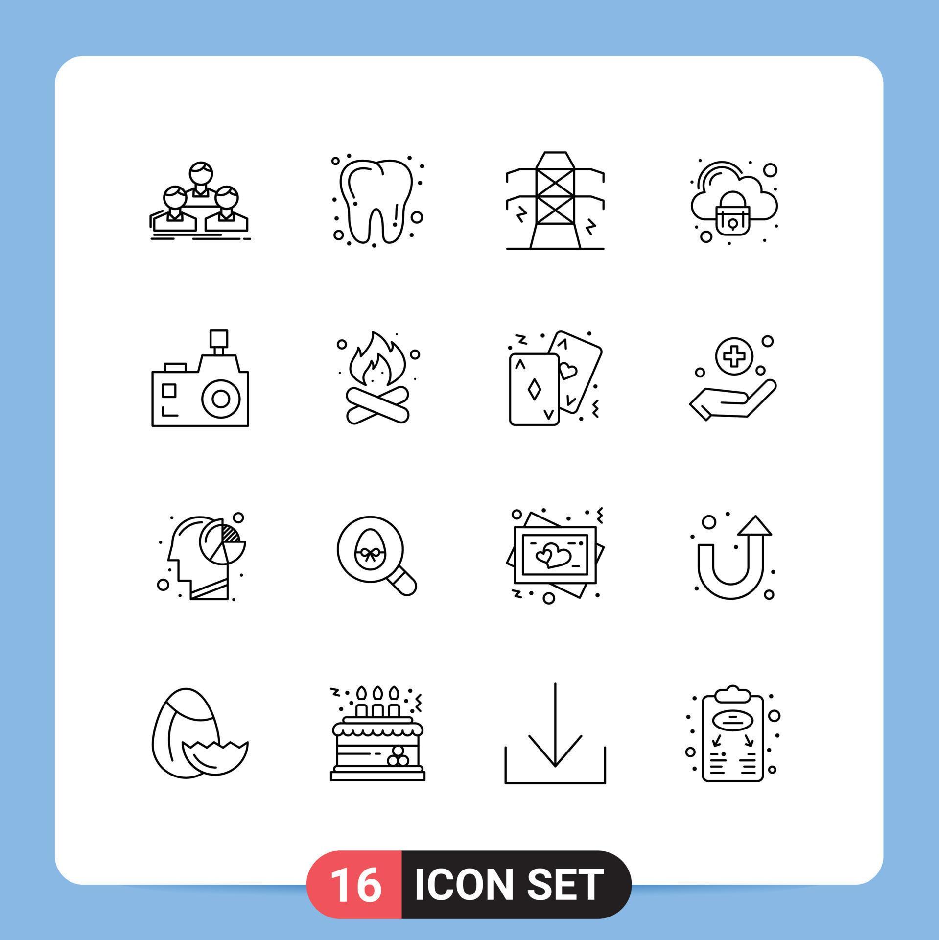 Editable Vector Line Pack Of 16 Simple Outlines Of Flash Camera Secure Electricity Lock Security