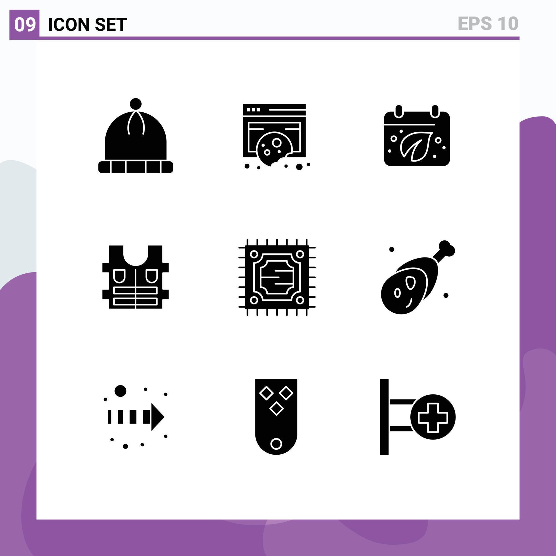 Editable Vector Line Pack Of 9 Simple Solid Glyphs Of Processor Cpu