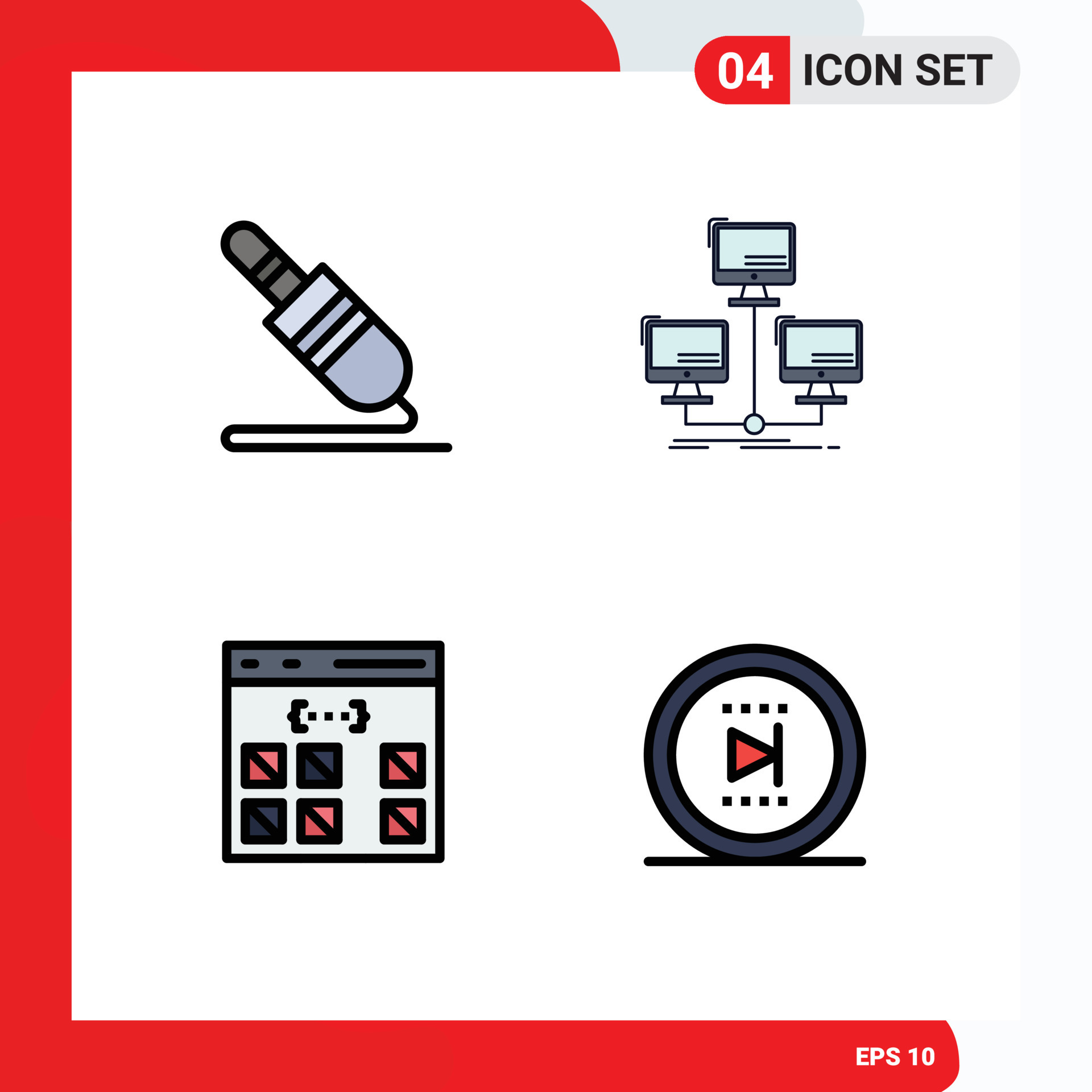 Set Of 4 Vector Filledline Flat Colors On Grid For Audio Cable App Technology Connection Develop