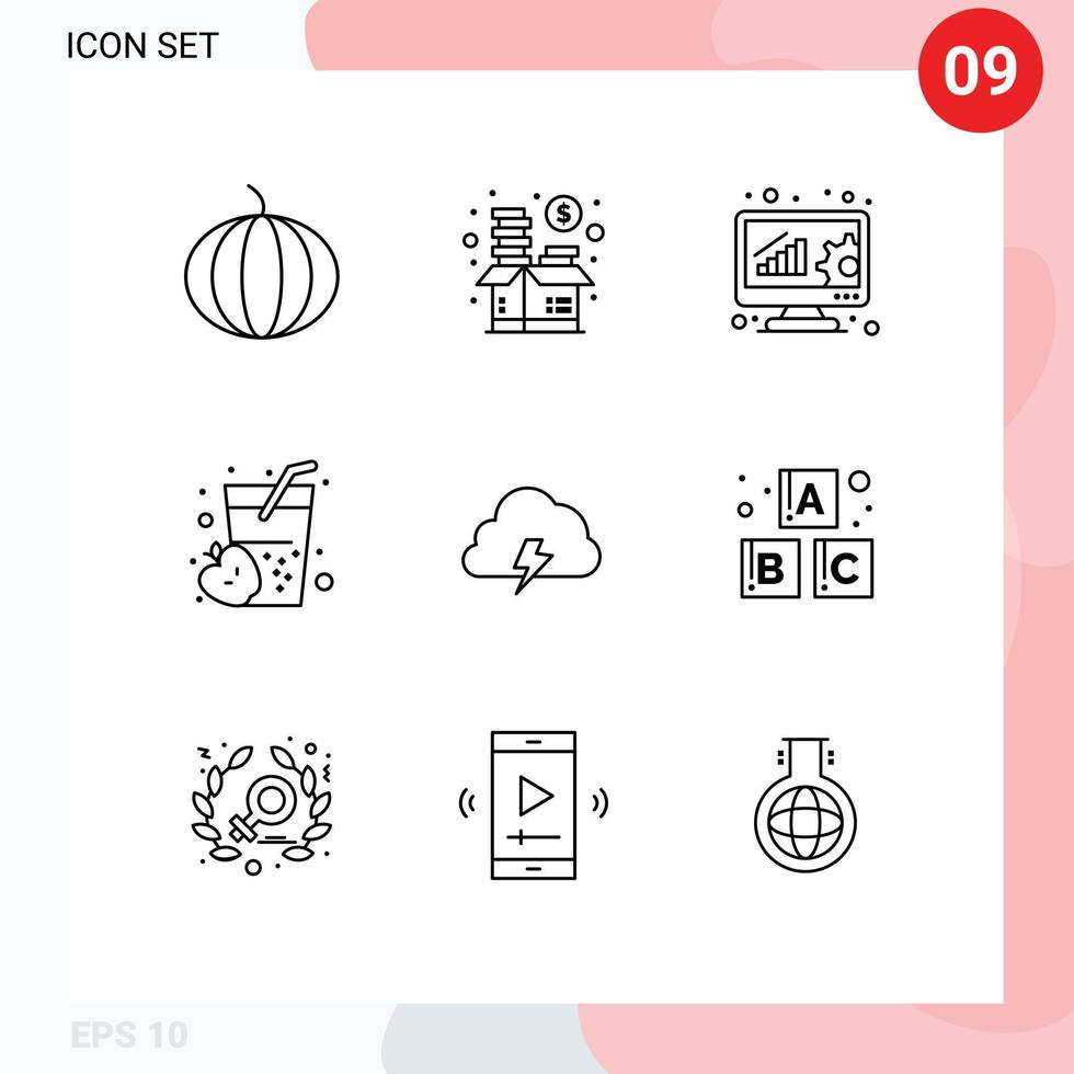 9 Universal Outlines Set For Web And Mobile Applications Nature Power Data Analytics Juice Drink