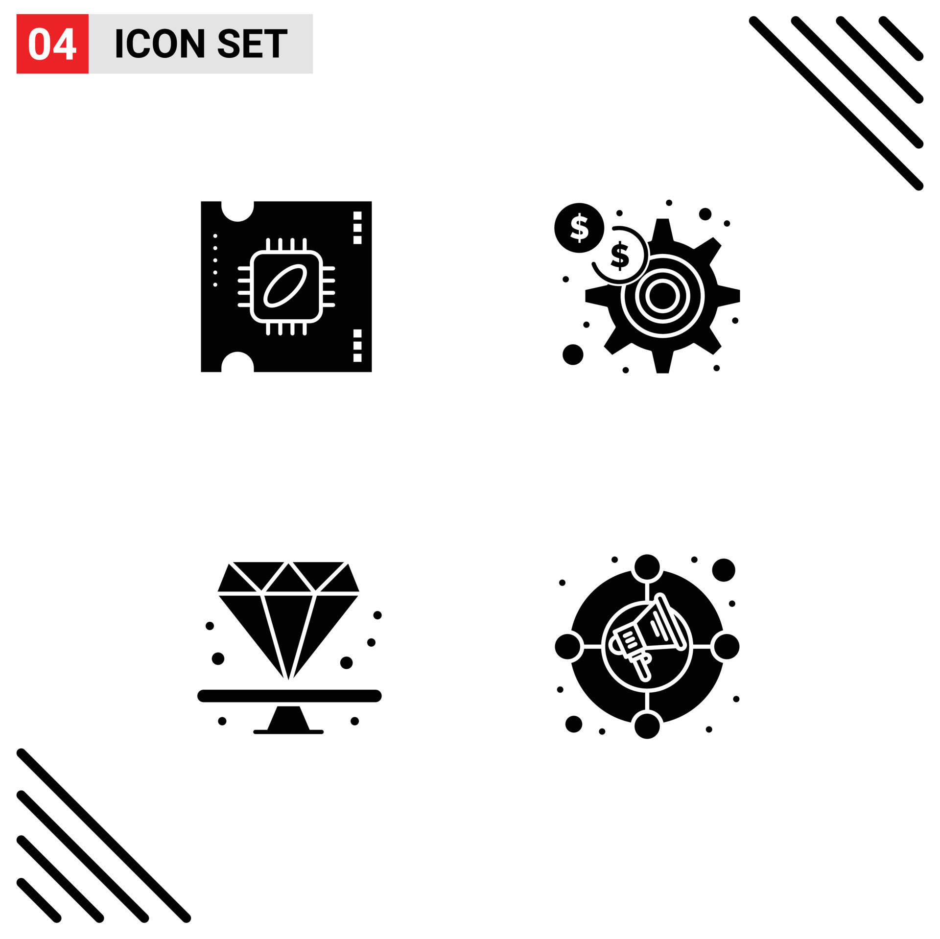 Set of 4 Vector Solid Glyphs on Grid for cpu diamond processor chip ...
