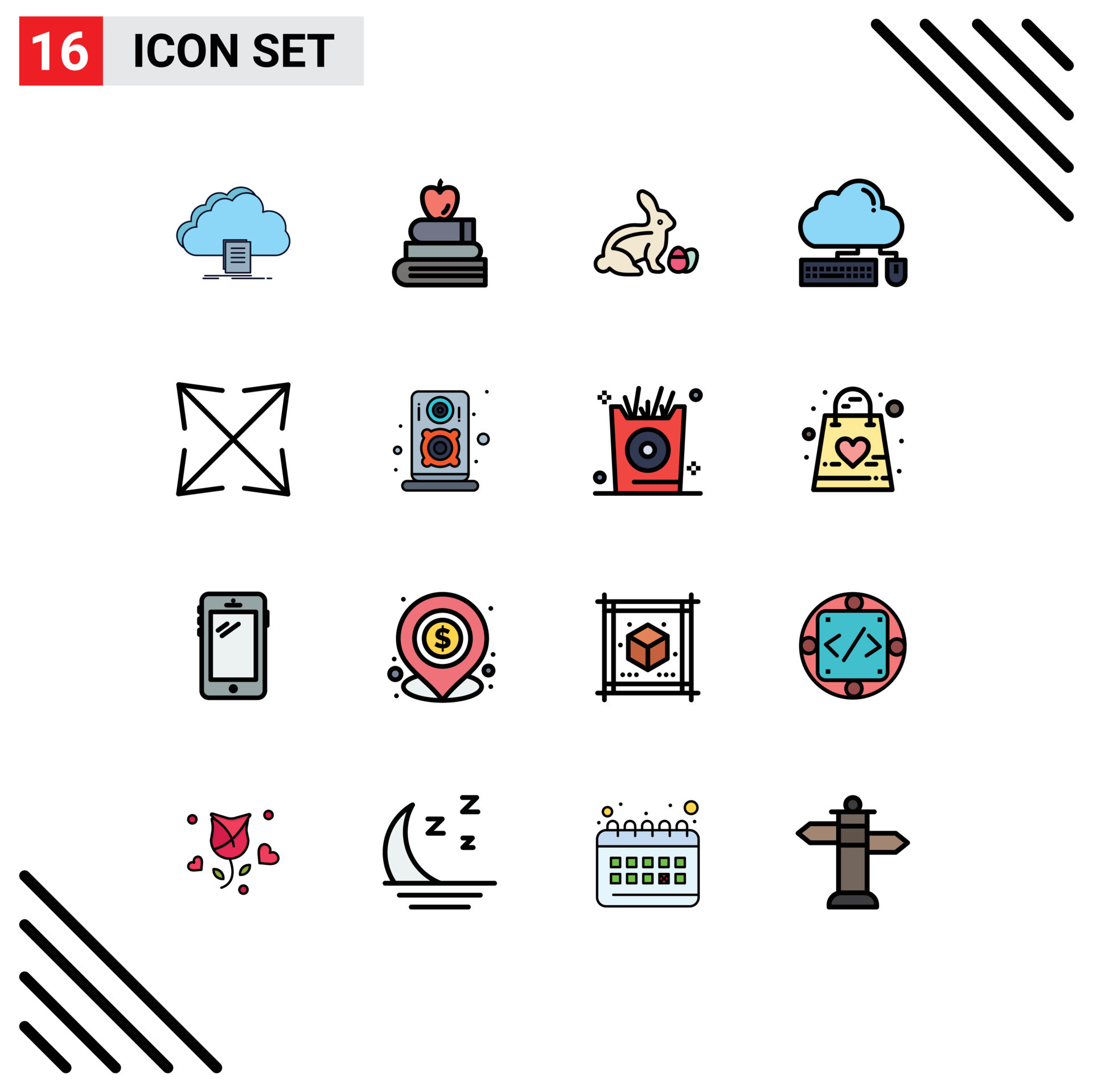 Set Of 16 Vector Flat Color Filled Lines On Grid For Data Mouse Science Keyboard Nature Editable