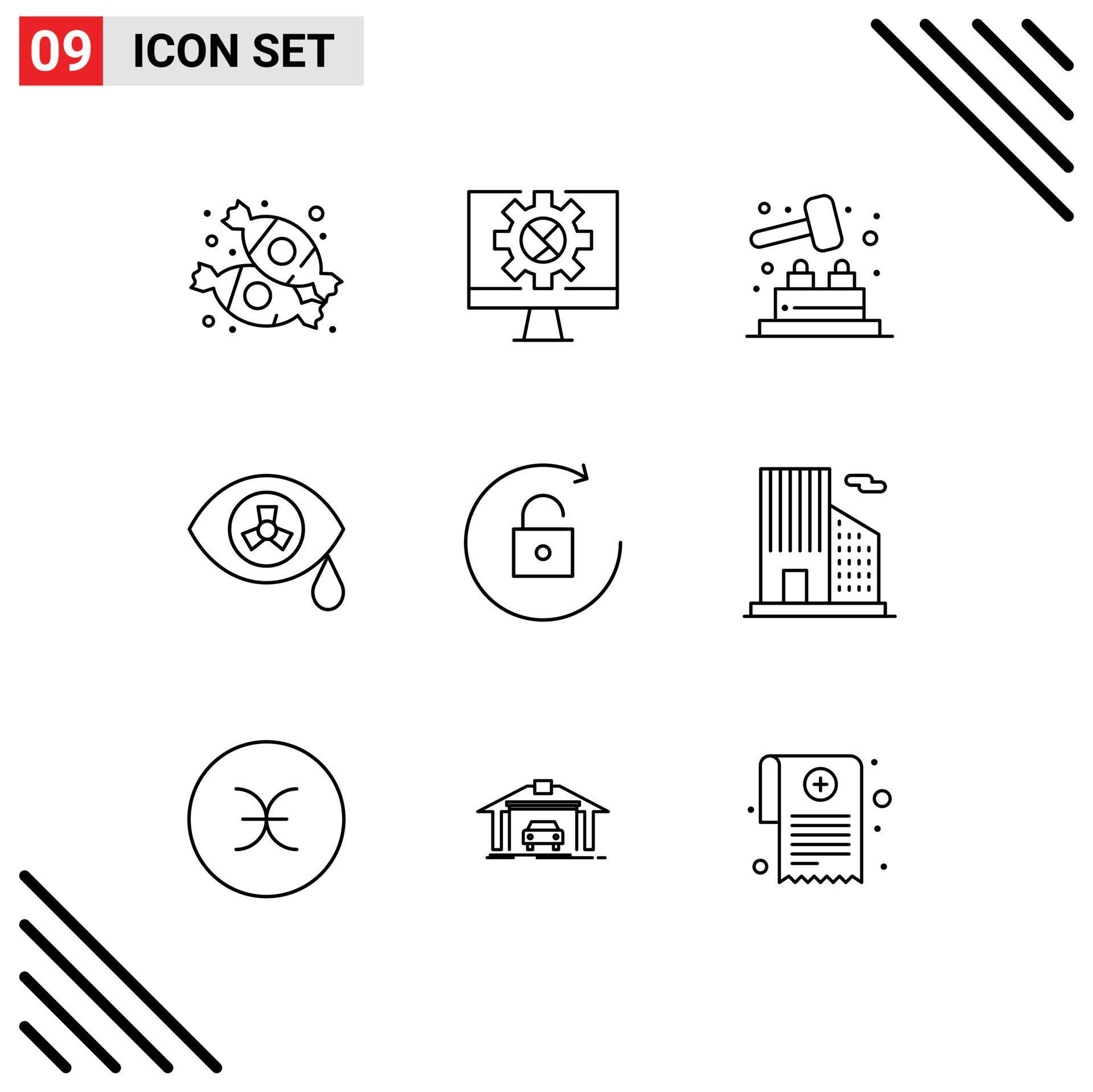 Modern Set of 9 Outlines and symbols such as building rotate whack a mole arrow nuclear Editable ...