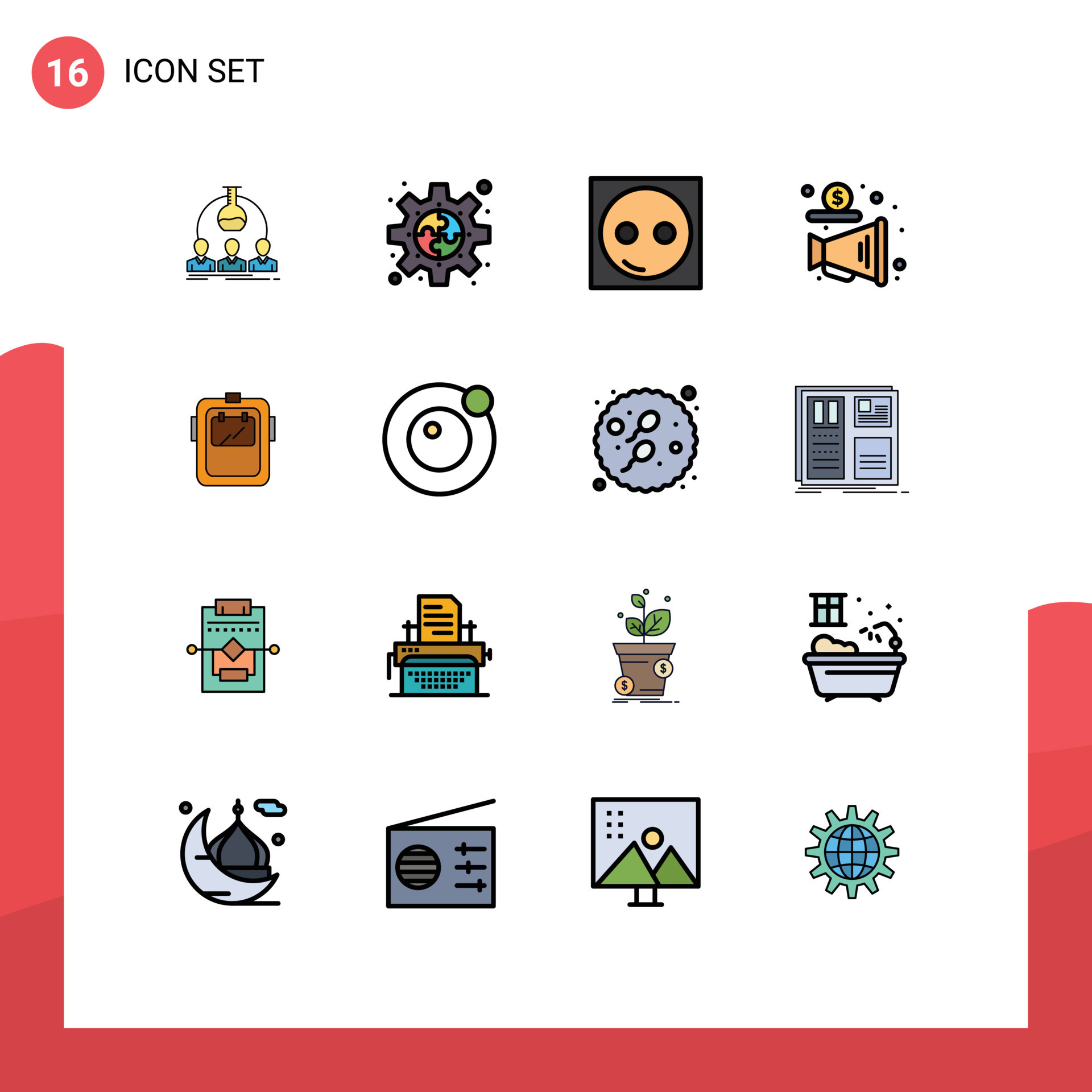 16 Universal Flat Color Filled Line Signs Symbols Of Promote Advertising Plugin Hardware