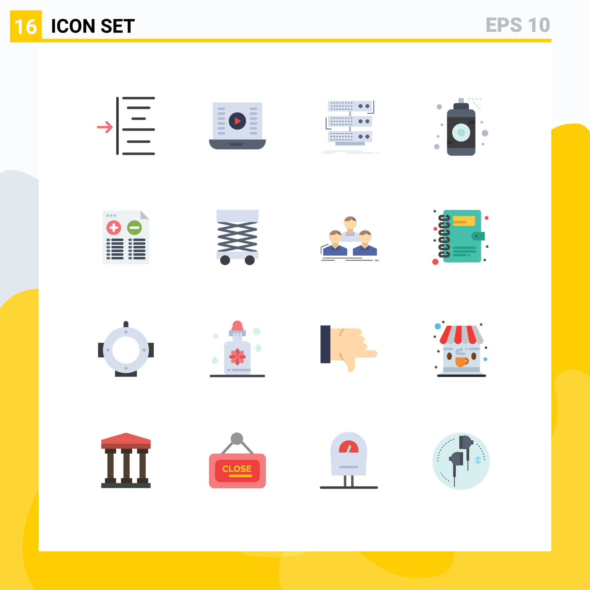 Set of 16 Modern UI Icons Symbols Signs for indent storage audio play video play database ...