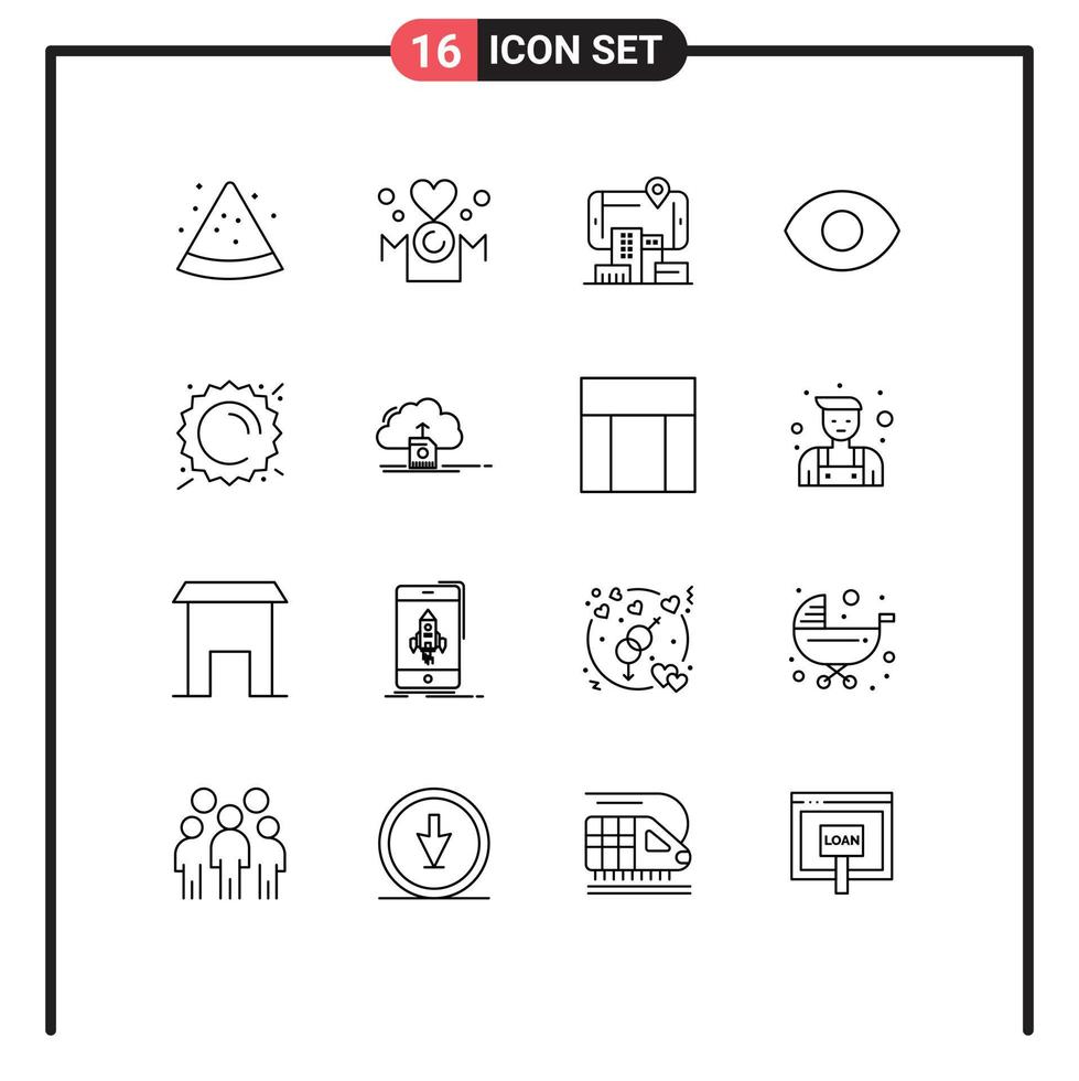 Mobile Interface Outline Set Of 16 Pictograms Of Weather Sun Reality Summer Eye Editable Vector