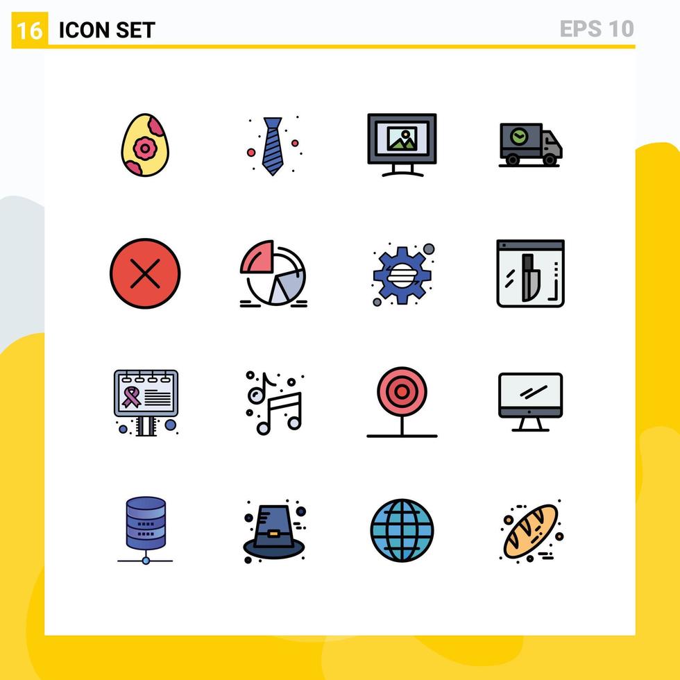 Mobile Interface Flat Color Filled Line Set Of 16 Pictograms Of Delete Truck Monitor Speed