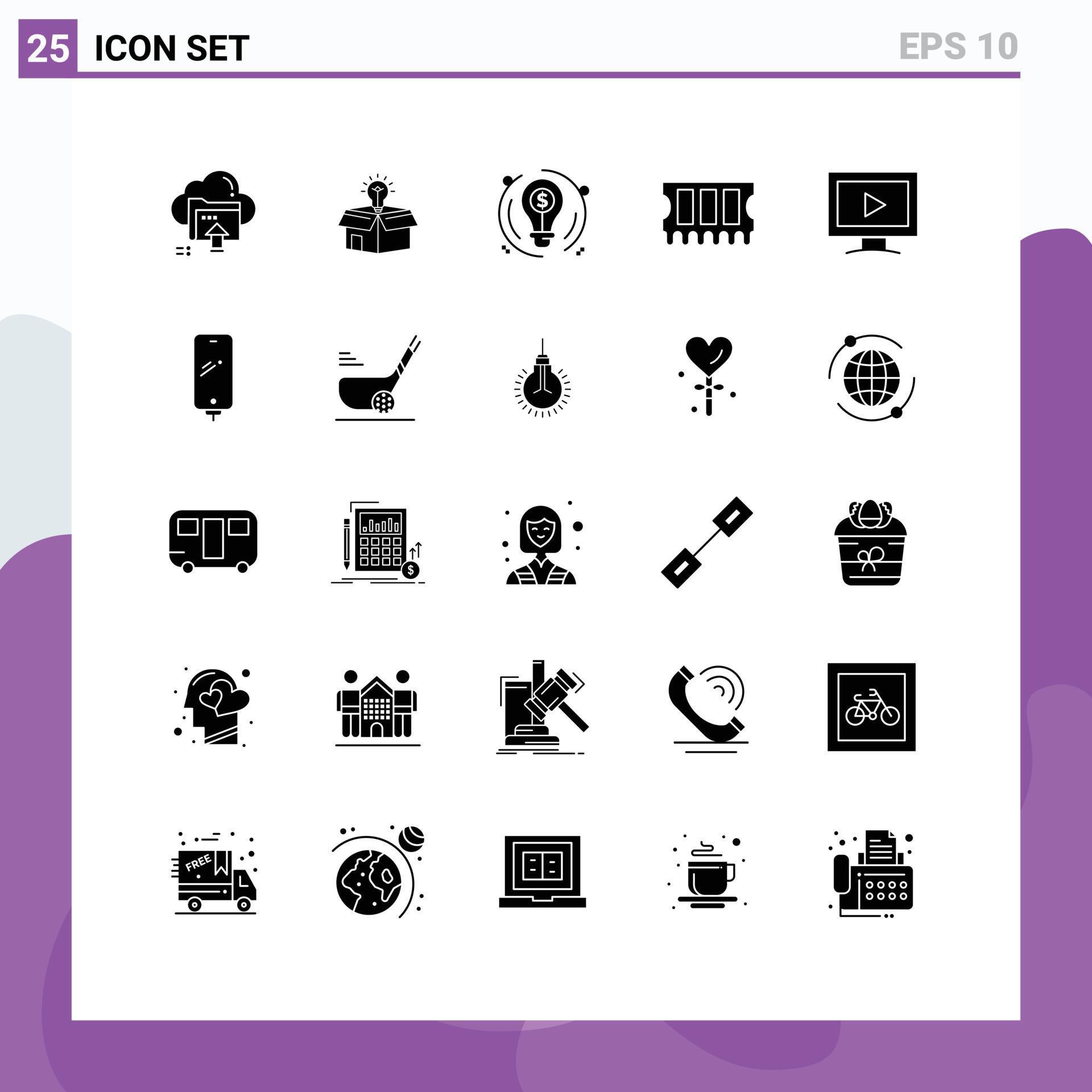 Pictogram Set of 25 Simple Solid Glyphs of monitor memory solution hardware circle Editable ...