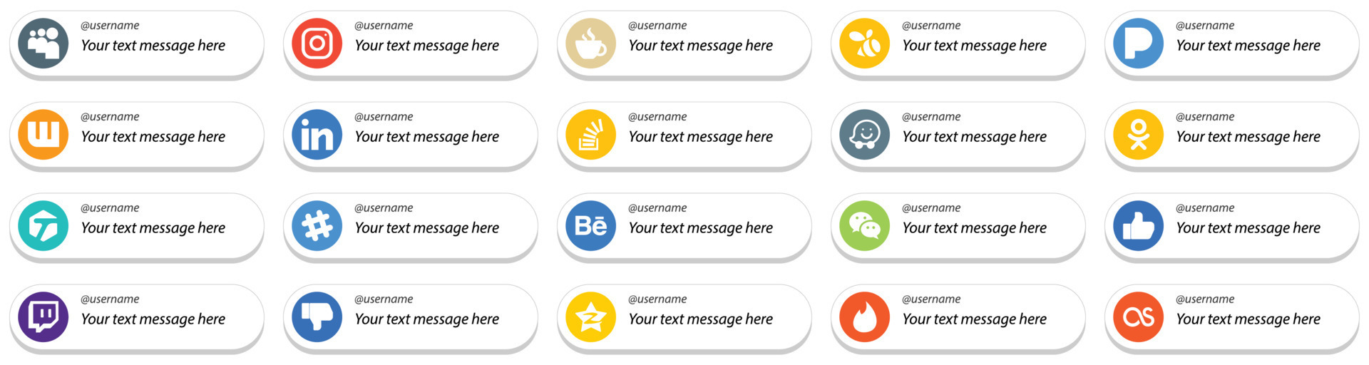 Card Style Follow Me Social Media Platform Icon Set With Custom Message Option 20 Icons Such As