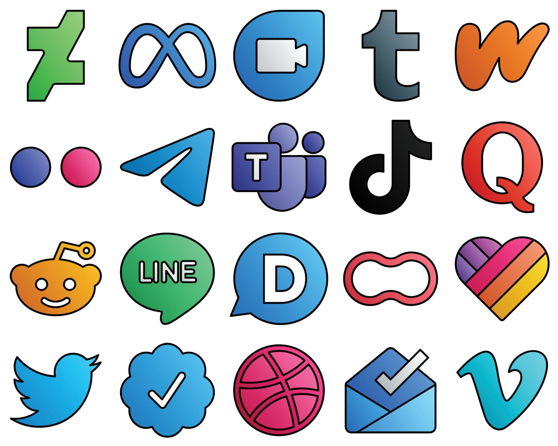 Filled Line Style Social Media Icon Kit China Douyin Yahoo Tiktok