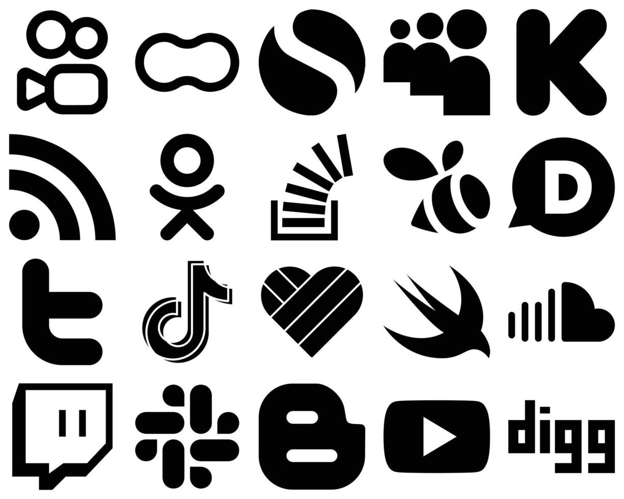 20 Modern Black Solid Social Media Icon Set such as twitter. swarm. rss ...