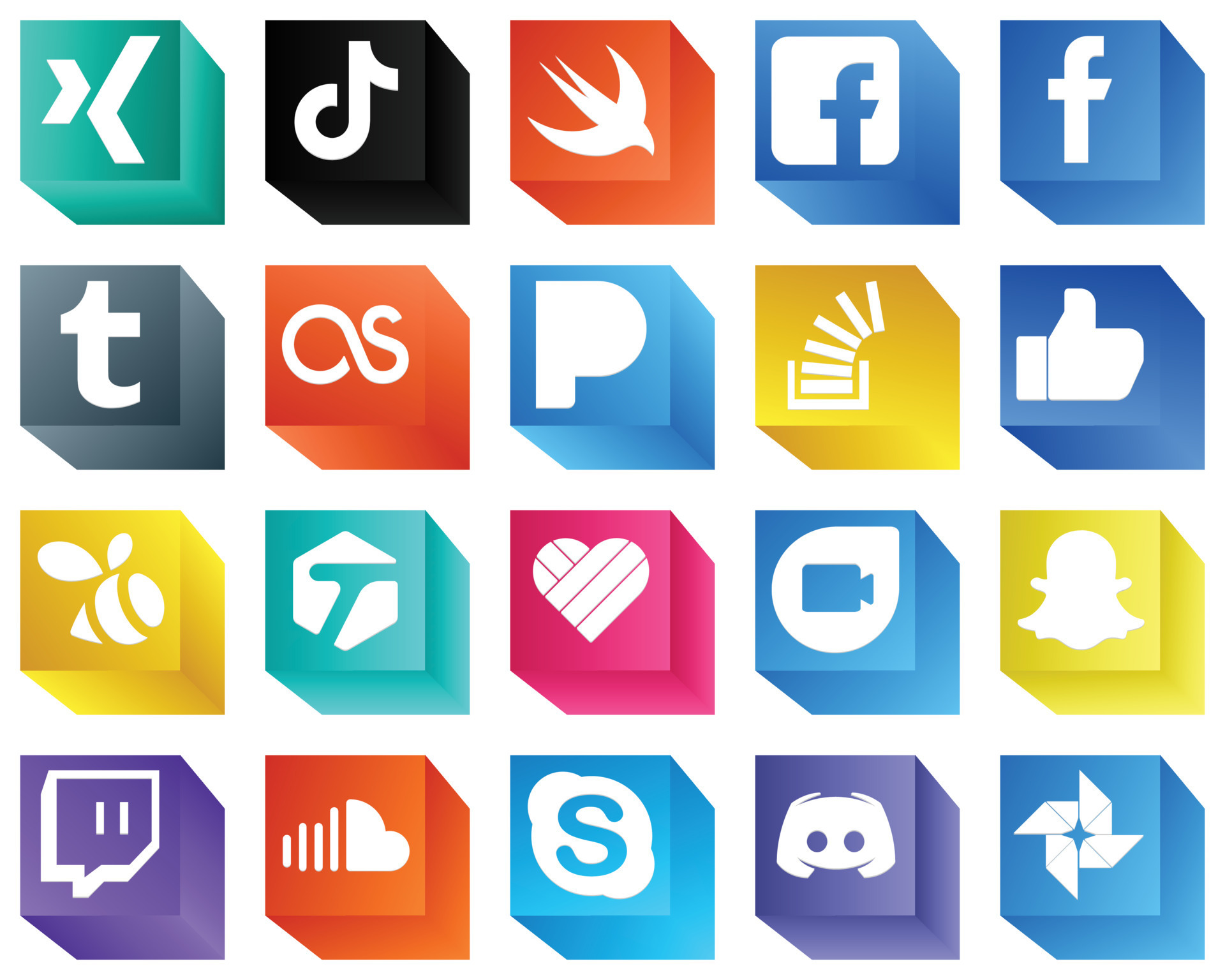 3D Social Media Brand Icons 20 pack such as like. stock. fb. question and pandora icons. Fully ...