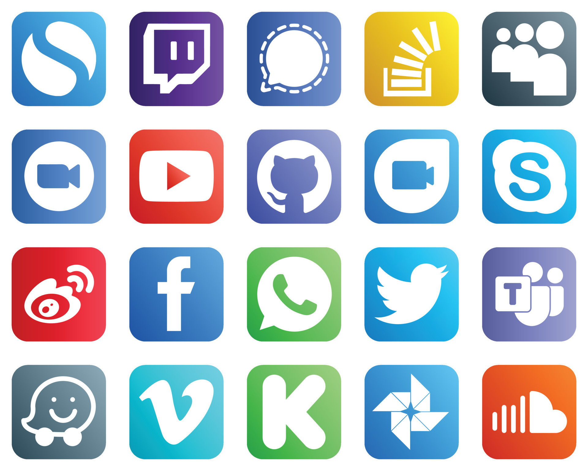20 High Resolution Social Media Icons such as google duo. video. overflow. youtube and meeting ...