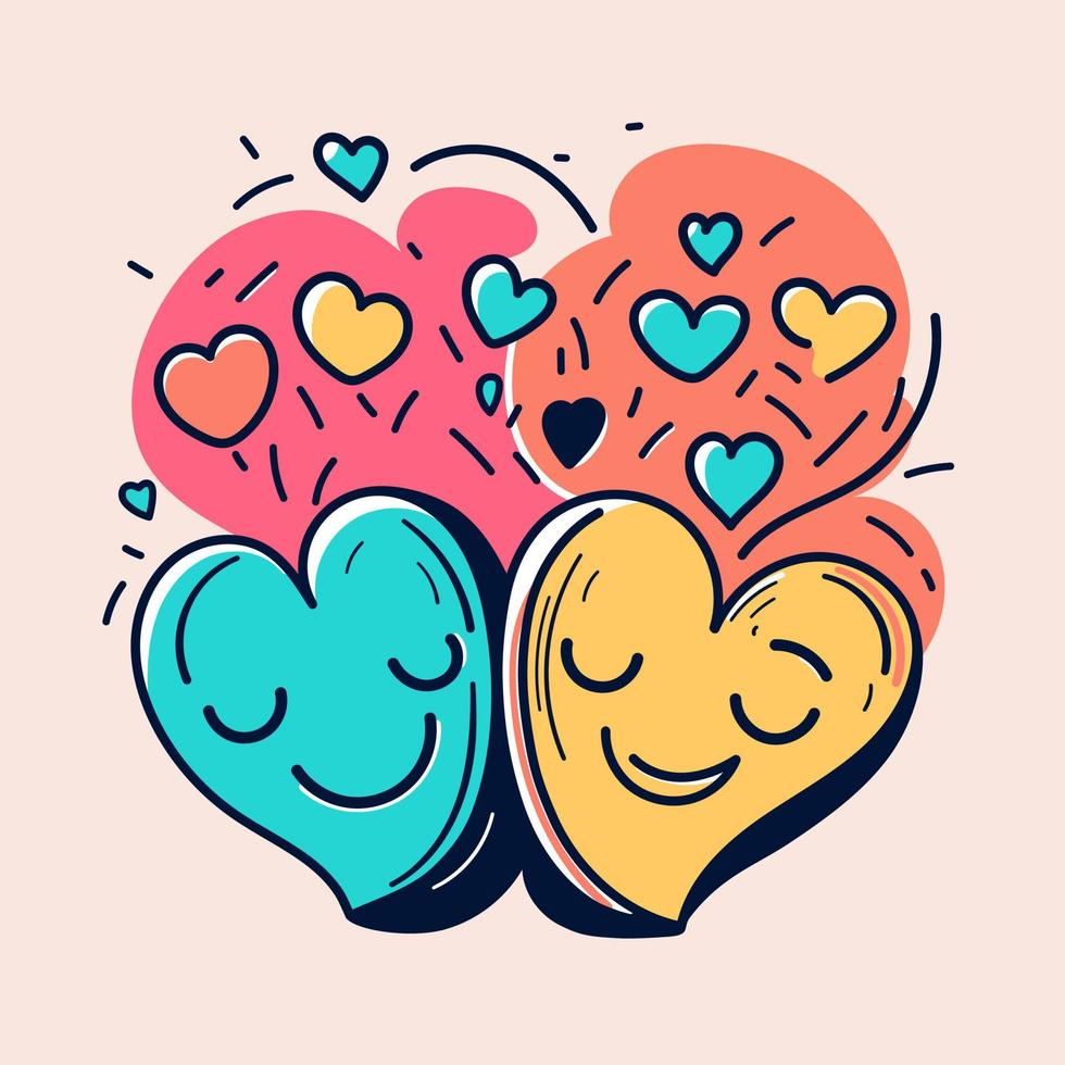 Hand Drawn Valentines Day Couple Of Hearts Smiling Love Doodle Drawings Valentine Kawaii Cartoon