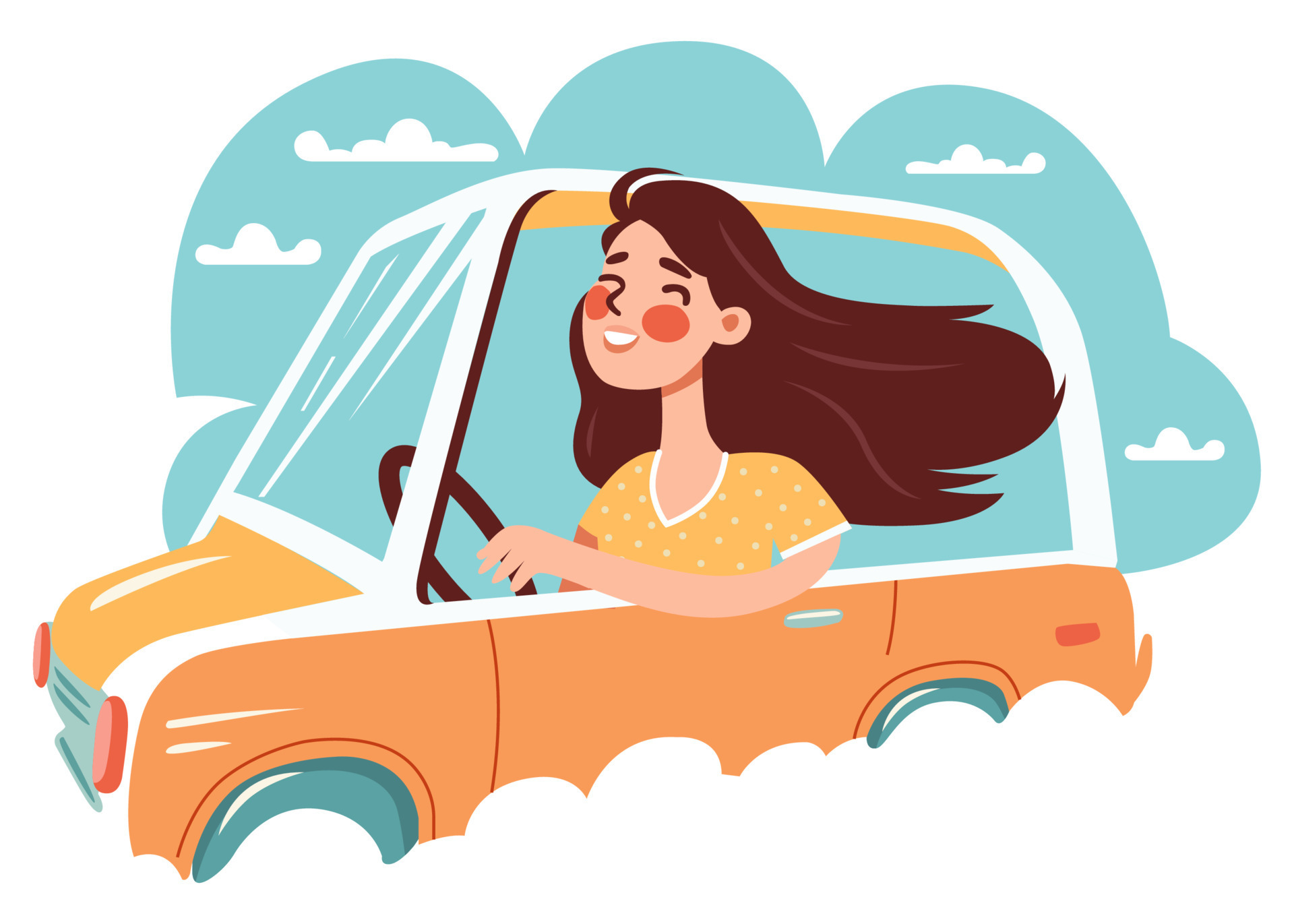 cute contented girl rides on a small car. flat vector illustration ...