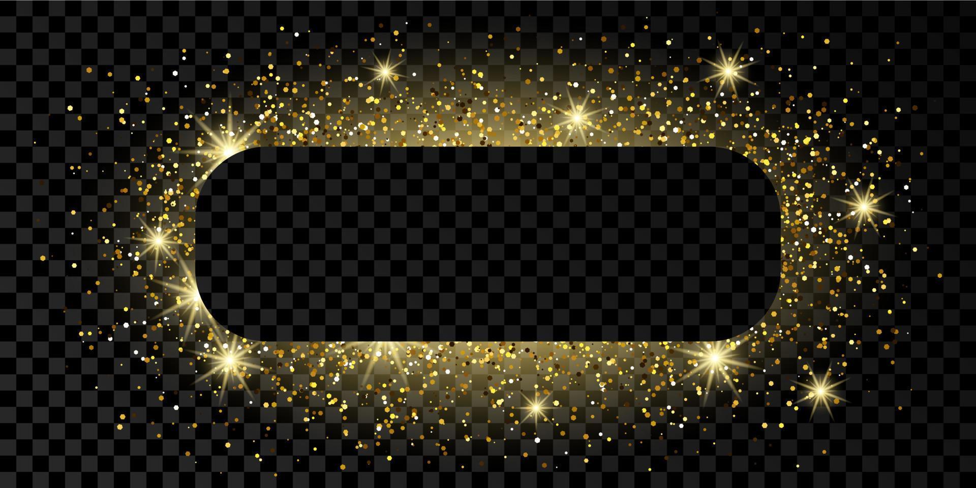 Golden rounded rectangle frame with glitter, sparkles and flares. Empty luxury backdrop. Vector ...