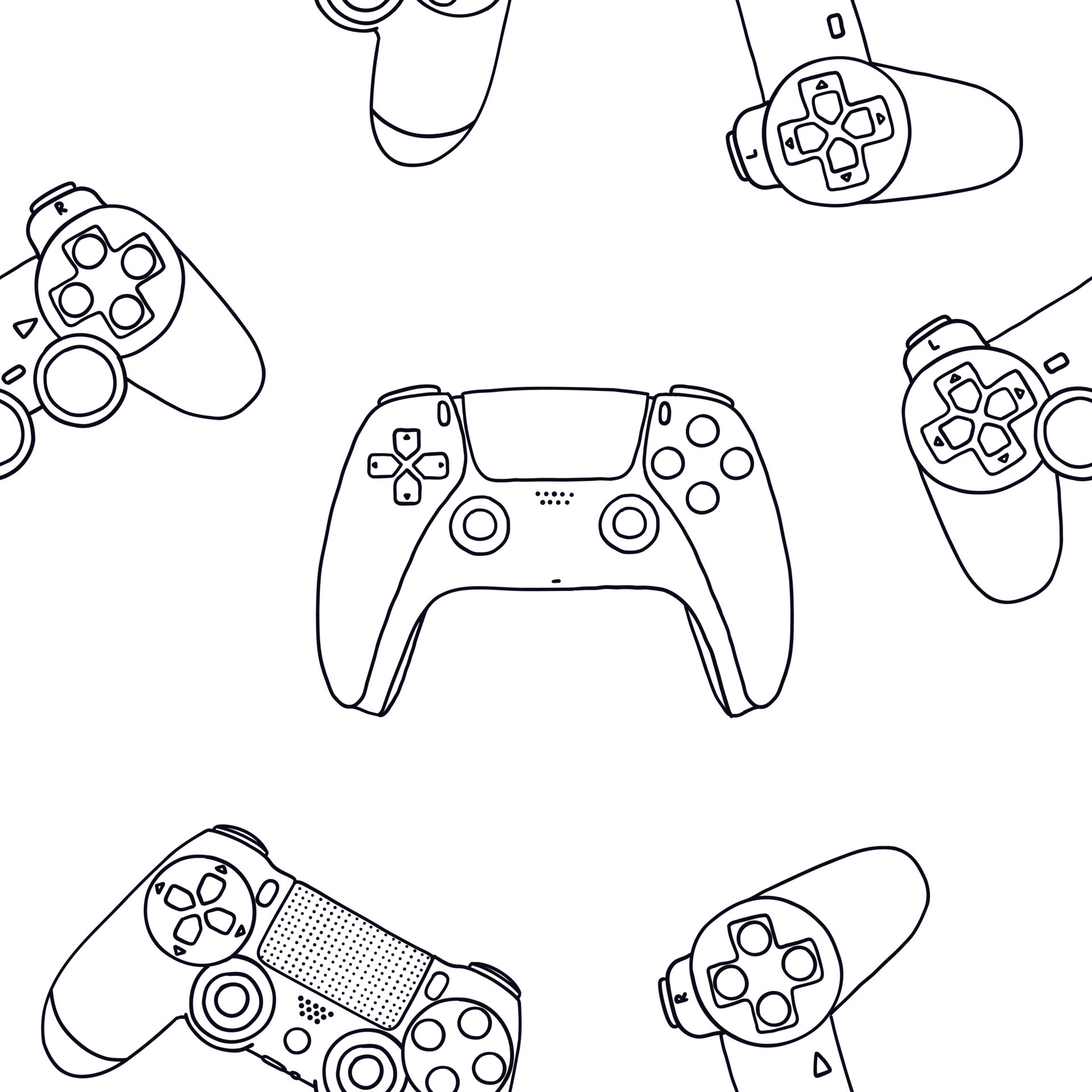 Seamless Pattern Of Game Controllers Vector Illustration In Hand Drawn Outline Flat Style On