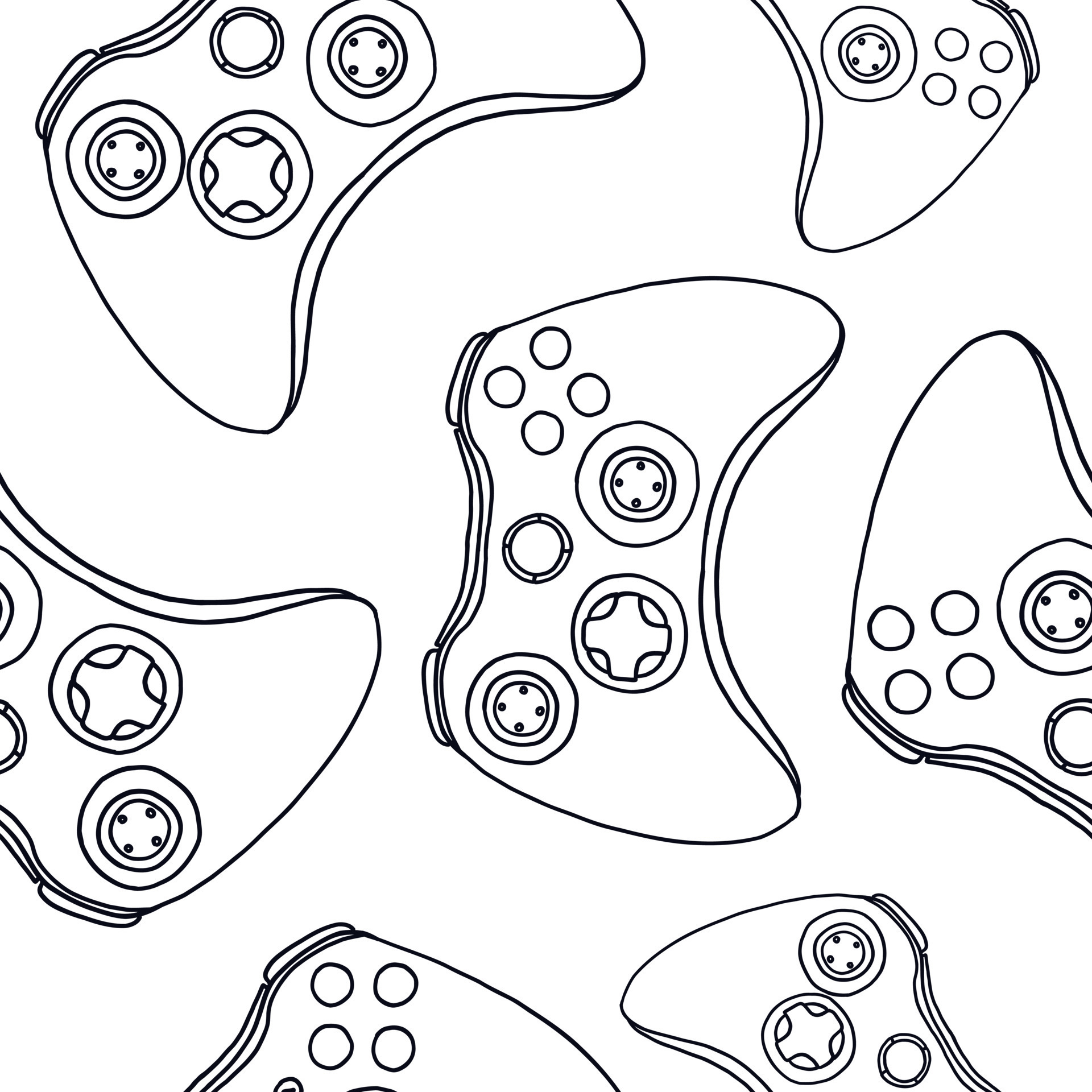 Seamless Pattern Of Game Controllers Vector Illustration In Hand Drawn Outline Flat Style On