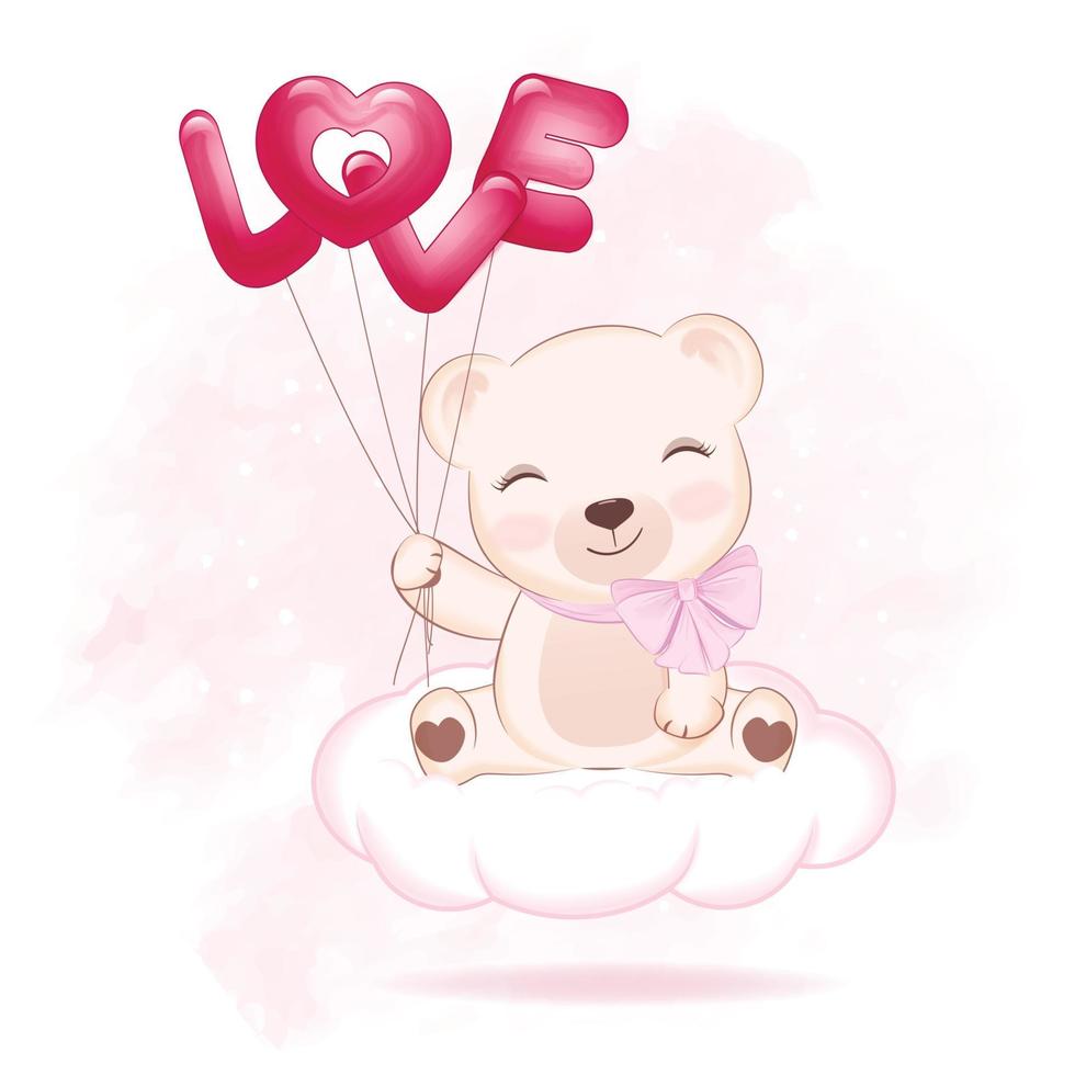 Cute Little Bear holding love balloon Valentine's day concept ...