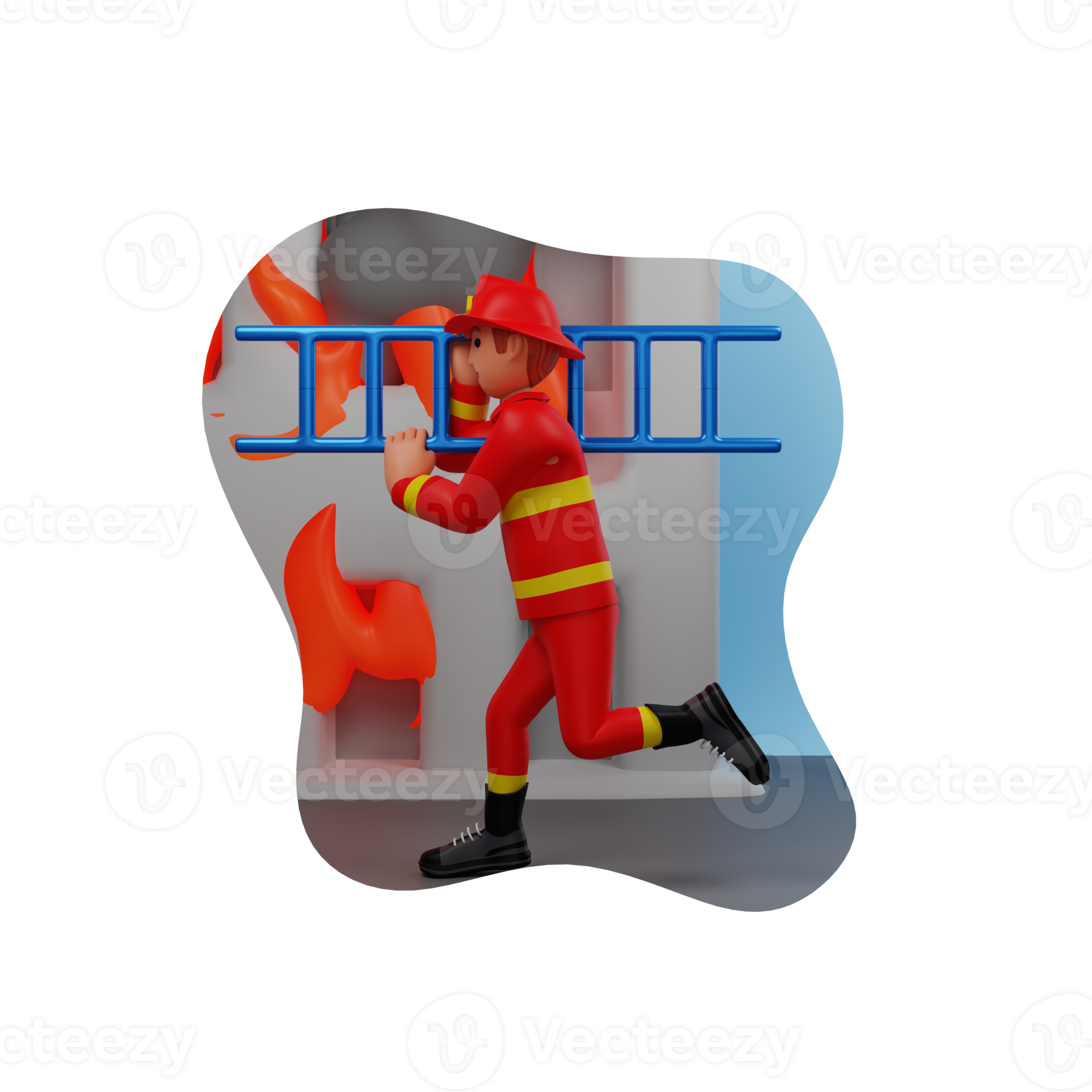 Firefighter Running For Evacuation Emergency Using Ladder, 3D Character ...